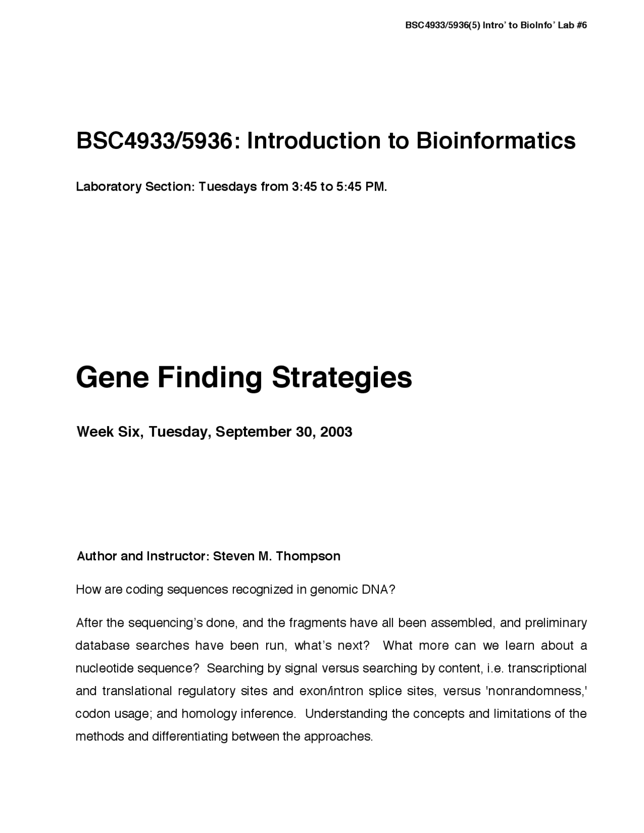 Gene Finding Strategies Introduction To Bioinformatics Lab Bsc 5936 Docsity