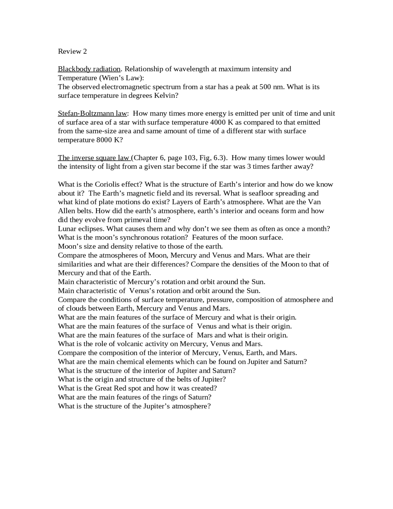 Review Sheet For Exam 2 Planets Stars And Galaxies Ast 1002 Docsity