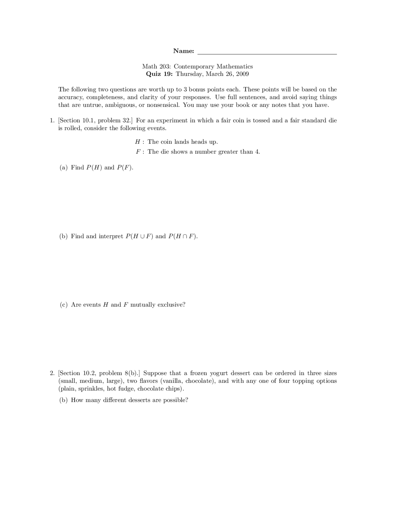 Practice Quiz 19 - Contemporary Mathematics | MATH 203 - Docsity