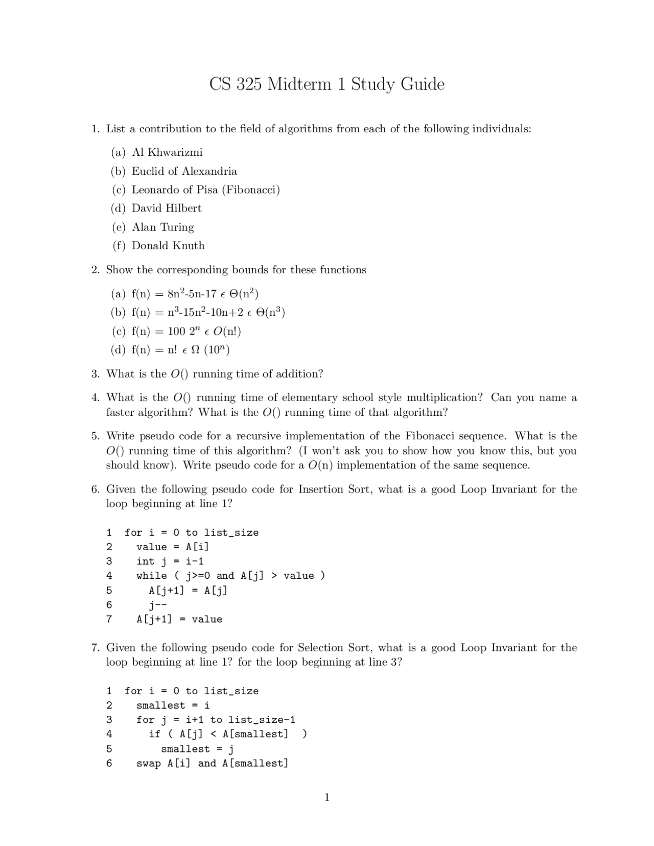 Midterm Exam For Analysis Of Algorithms Cs 325 Docsity