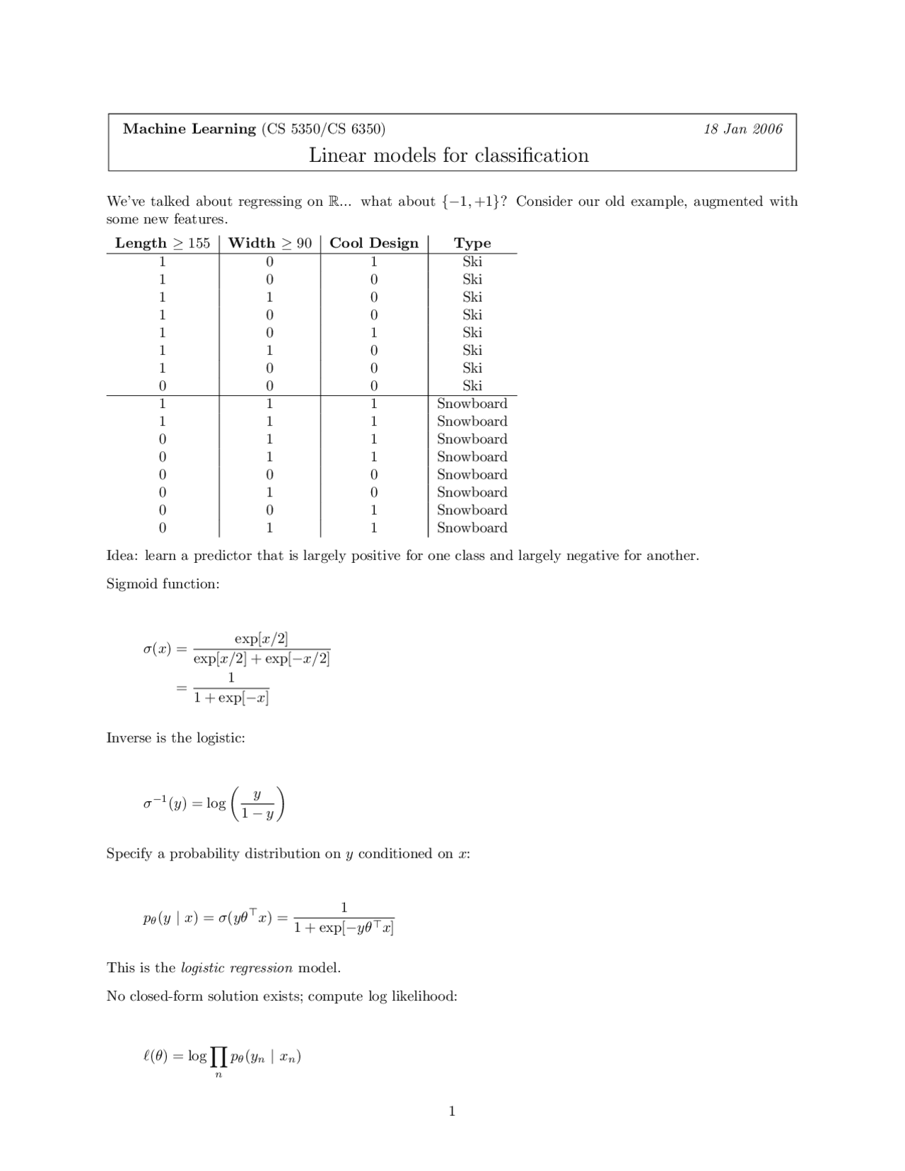 Linear Models For Classification Lecture Notes Cs 5350 Exams Computer Science Docsity