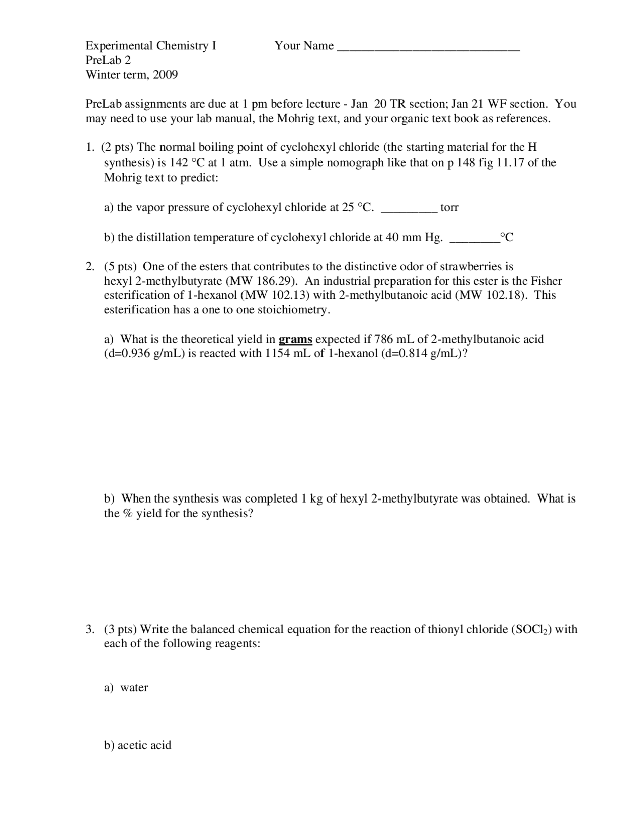 Experimental Chemistry I Pre Lab 2 Ch 361 Docsity