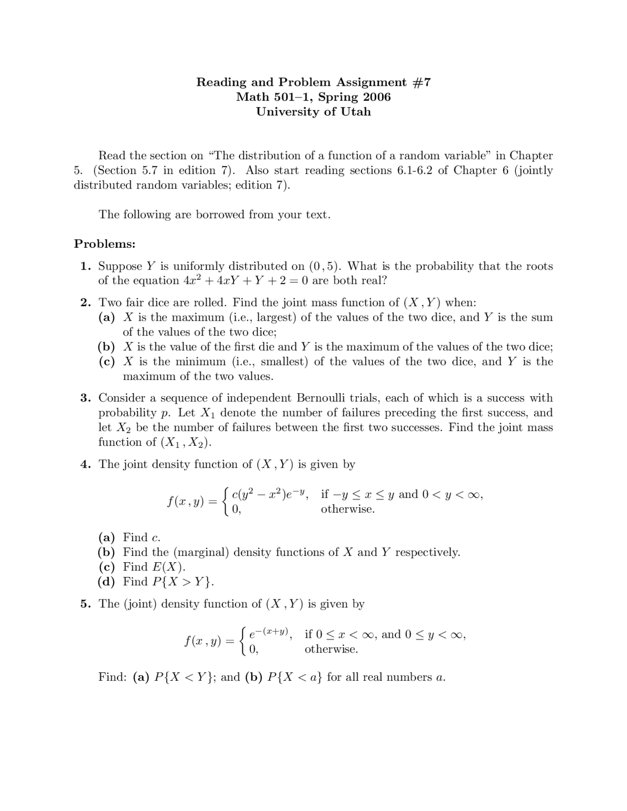 Introduction to Probability - Problem Assignment 7 | MATH 501 - Docsity