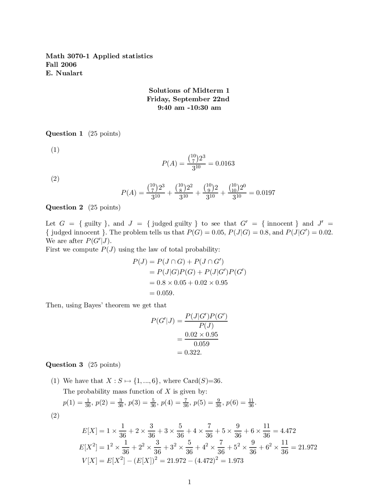 Solution To Midterm Exam 1 Applied Statistics I Math 3070 Docsity