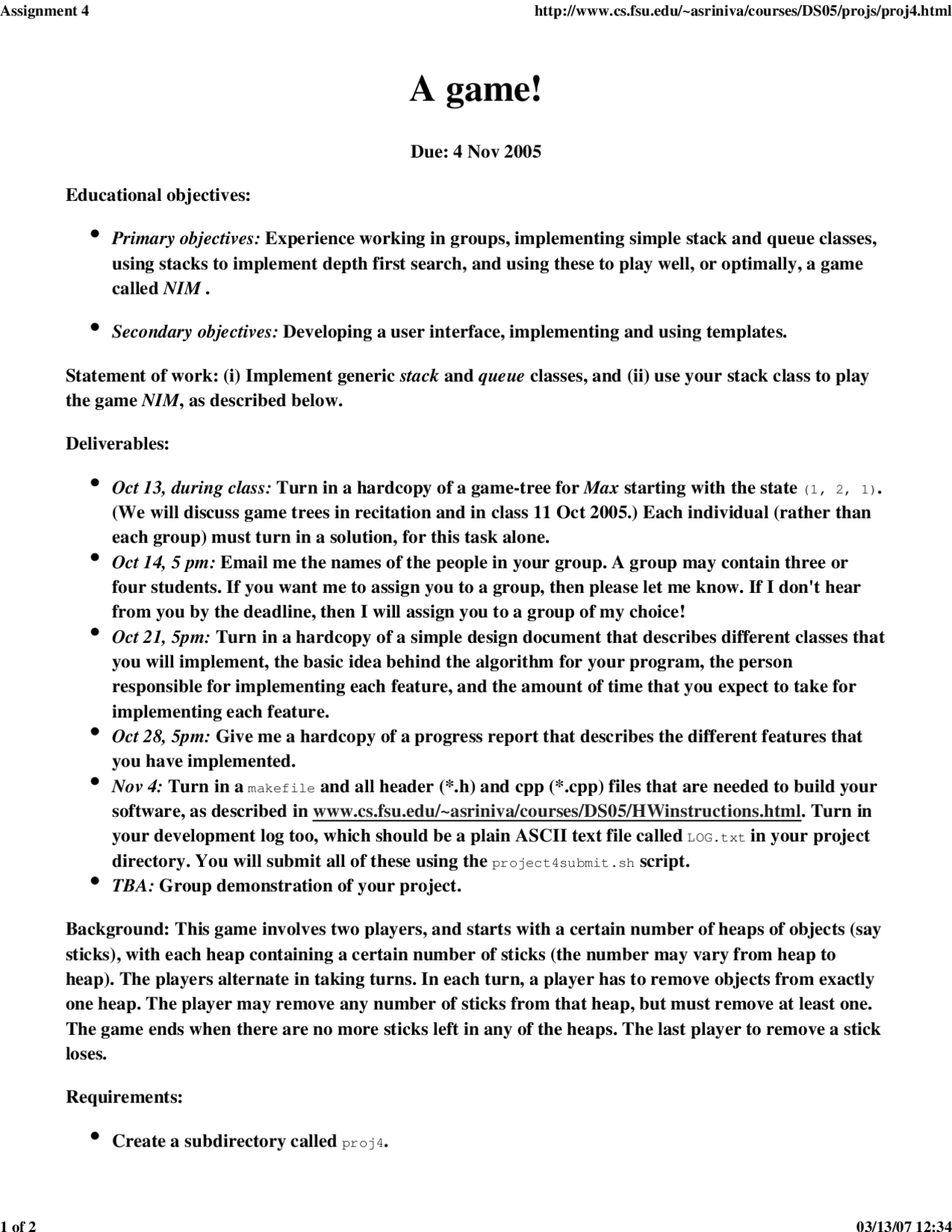 Assignment 4 A Game Data Structure Algorithms General Procedure