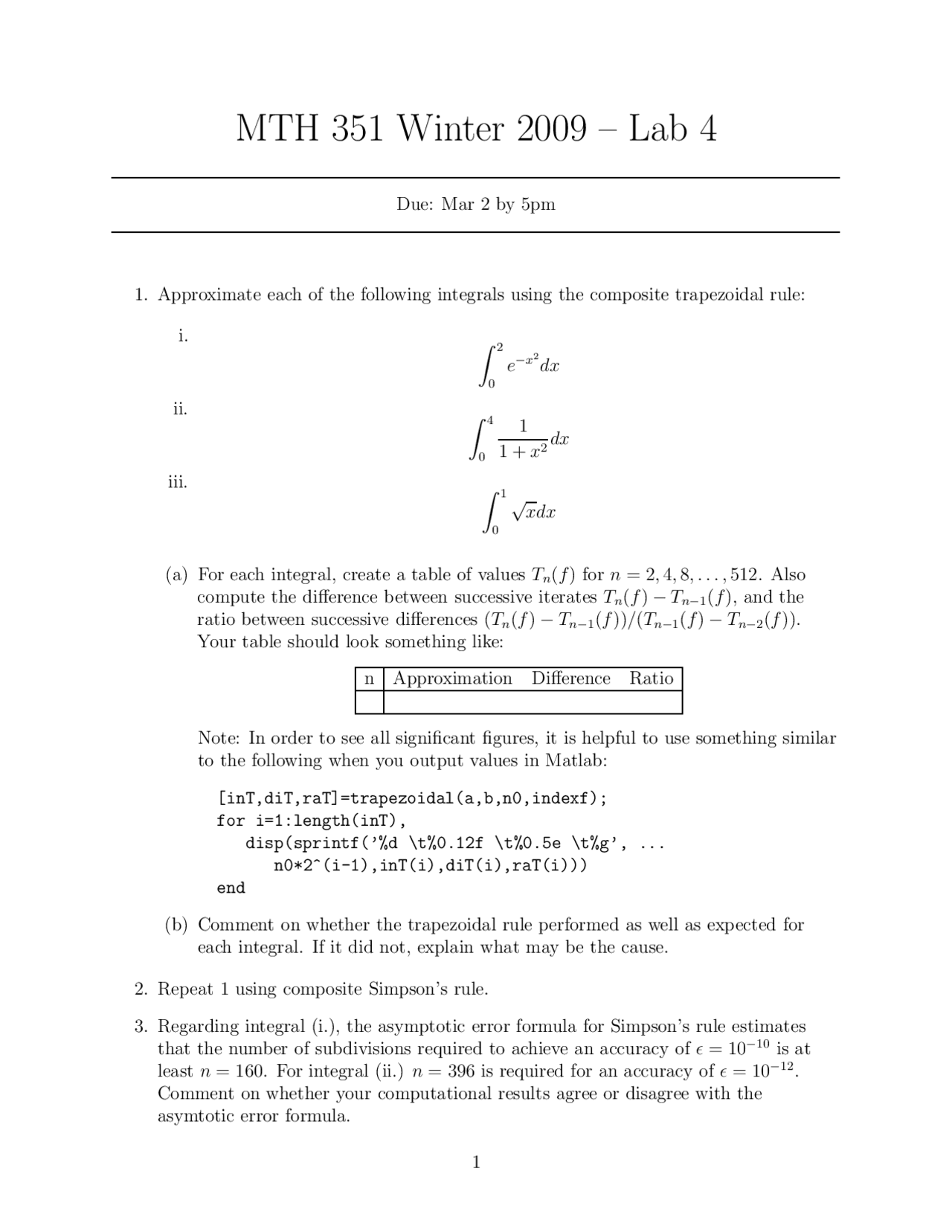Lab 4 Introduction To Numerical Analysis Fall 2009 Mth 351 Docsity