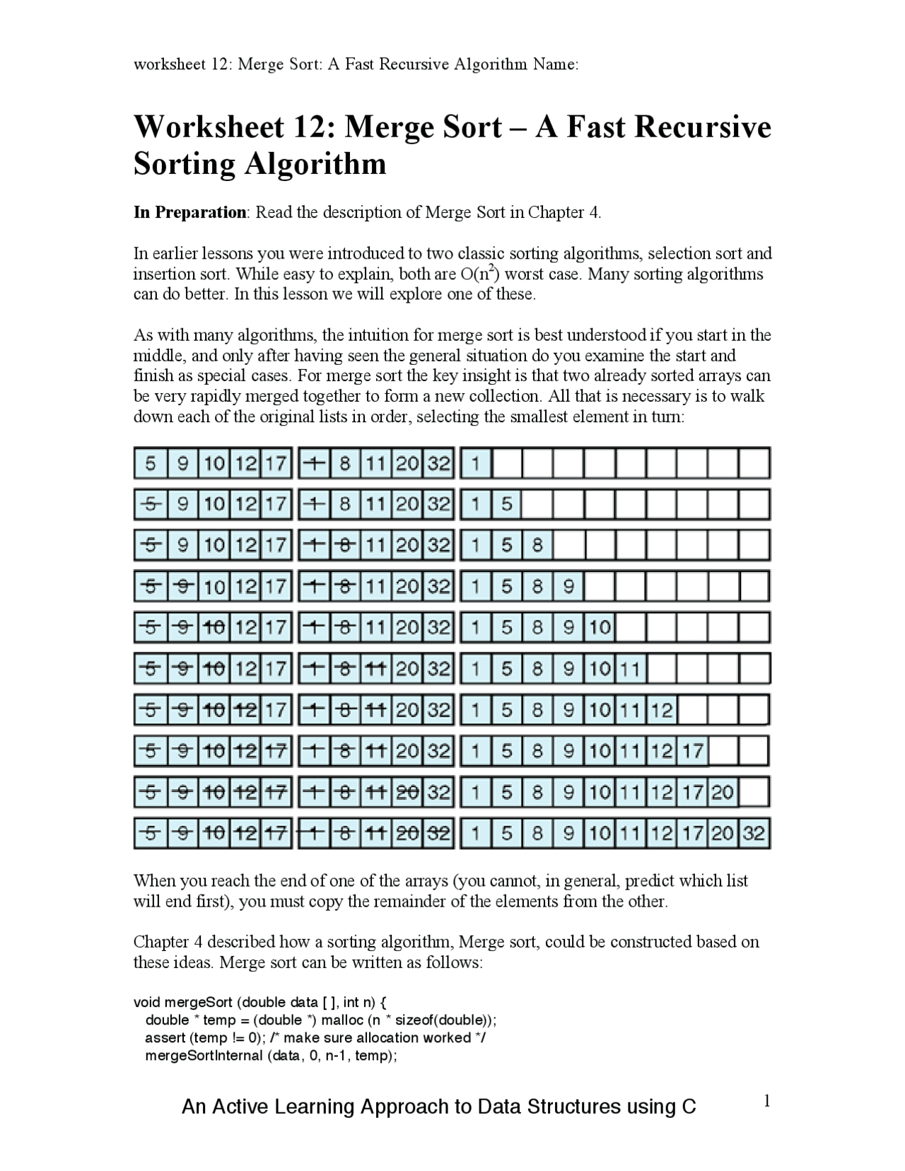 Worksheet 12 Merge Sort A Fast Recursive Sorting Algorithms Cs 261