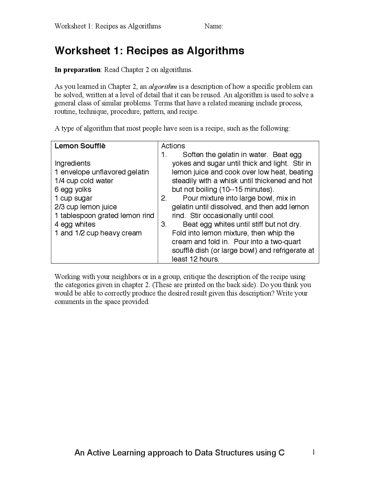 Assignment 1 - Recipes as Algorithms | CS 261 - Docsity