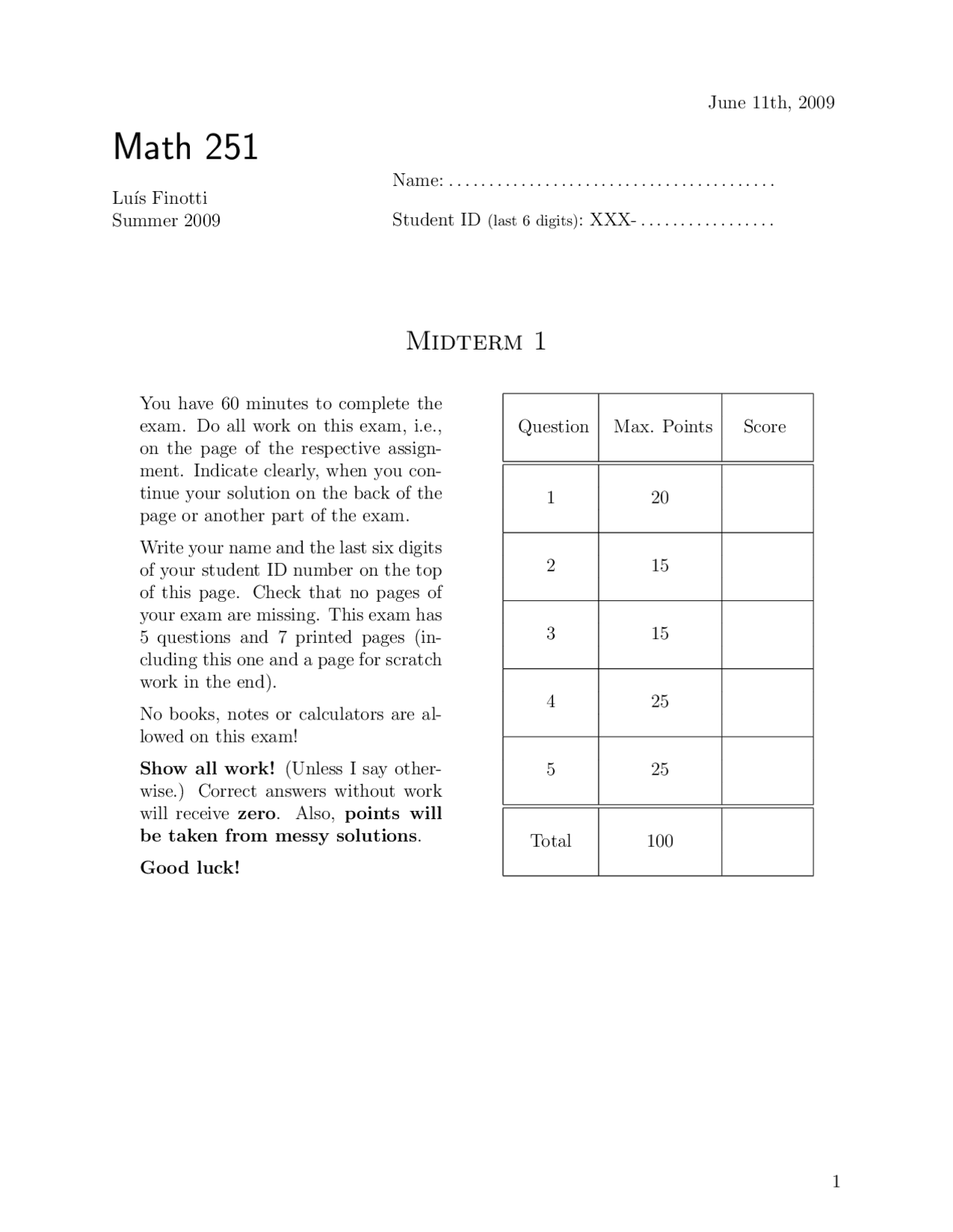 5 Questions For Midterm Exam 1 Matrix Algebra I Math 251 Docsity