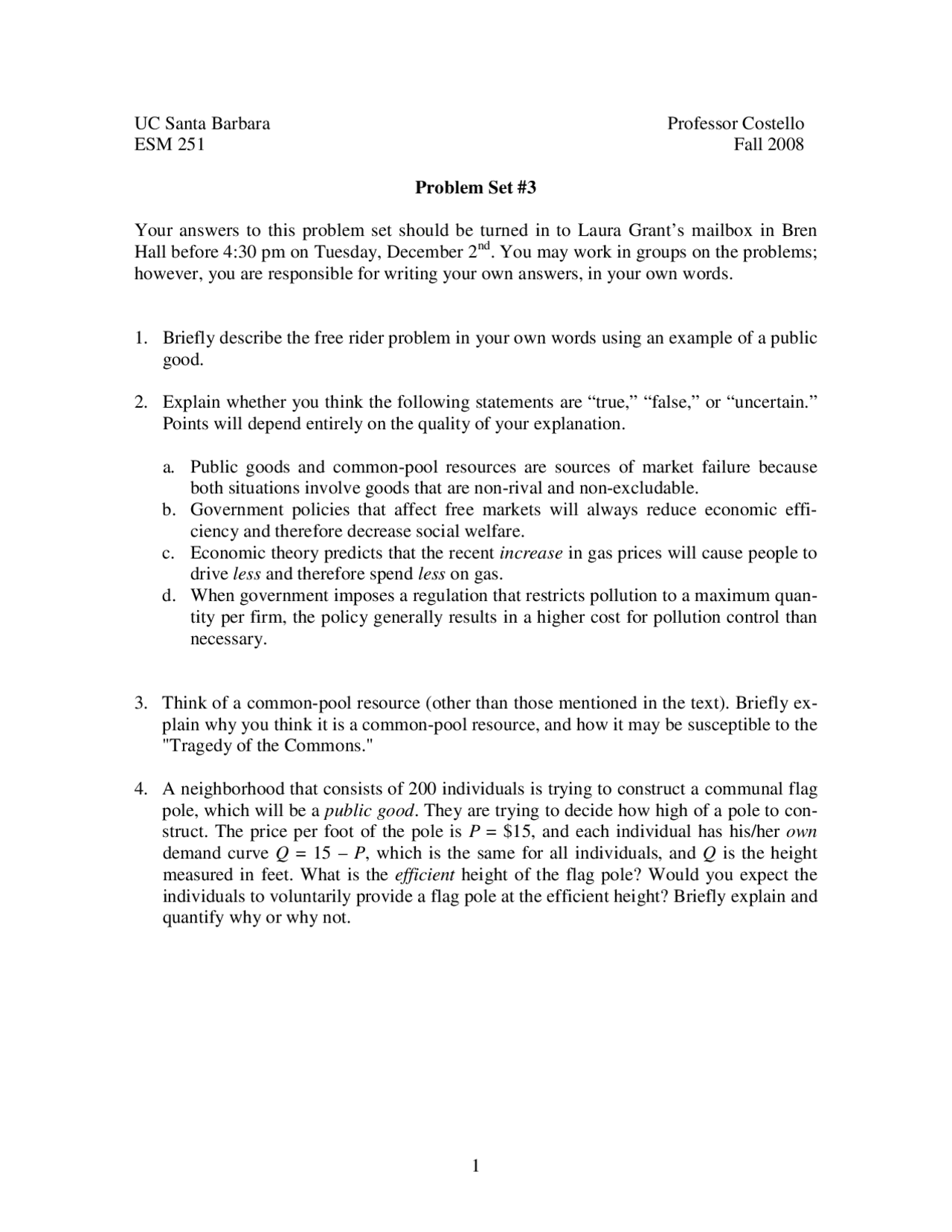 Problem Set 3 On Introduction To Policy Analysis Esm 251 Docsity