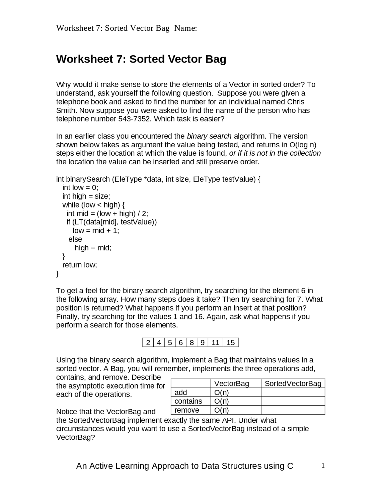 Worksheet 7: Sorted Vector Bag - Data Structures | CS 261 - Docsity