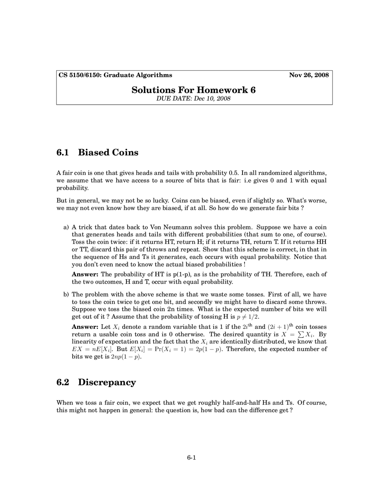Solutions For Homework 6 Advanced Algorithms Cs 5150 Docsity