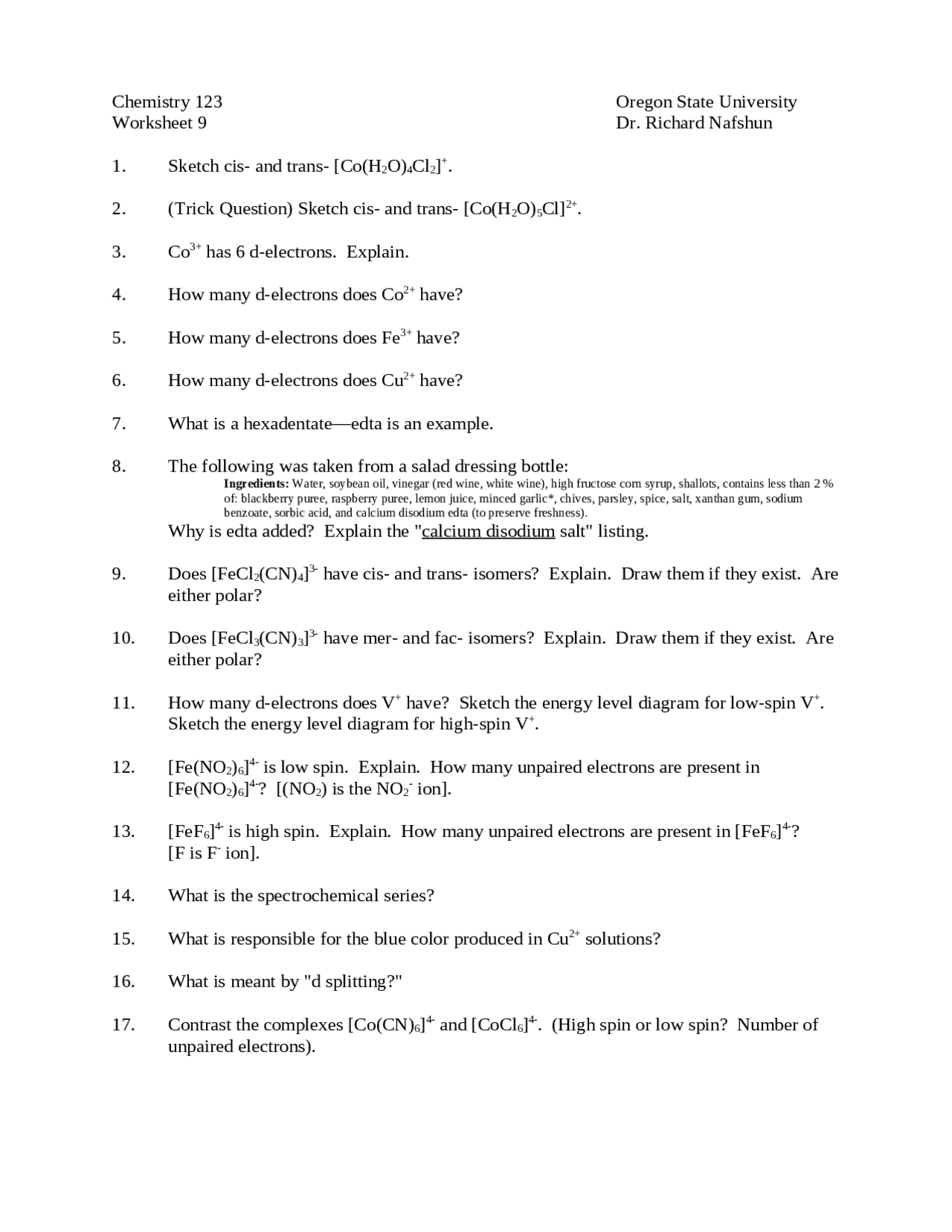 General Chemistry Homework 9 Questions Ch 121 Docsity