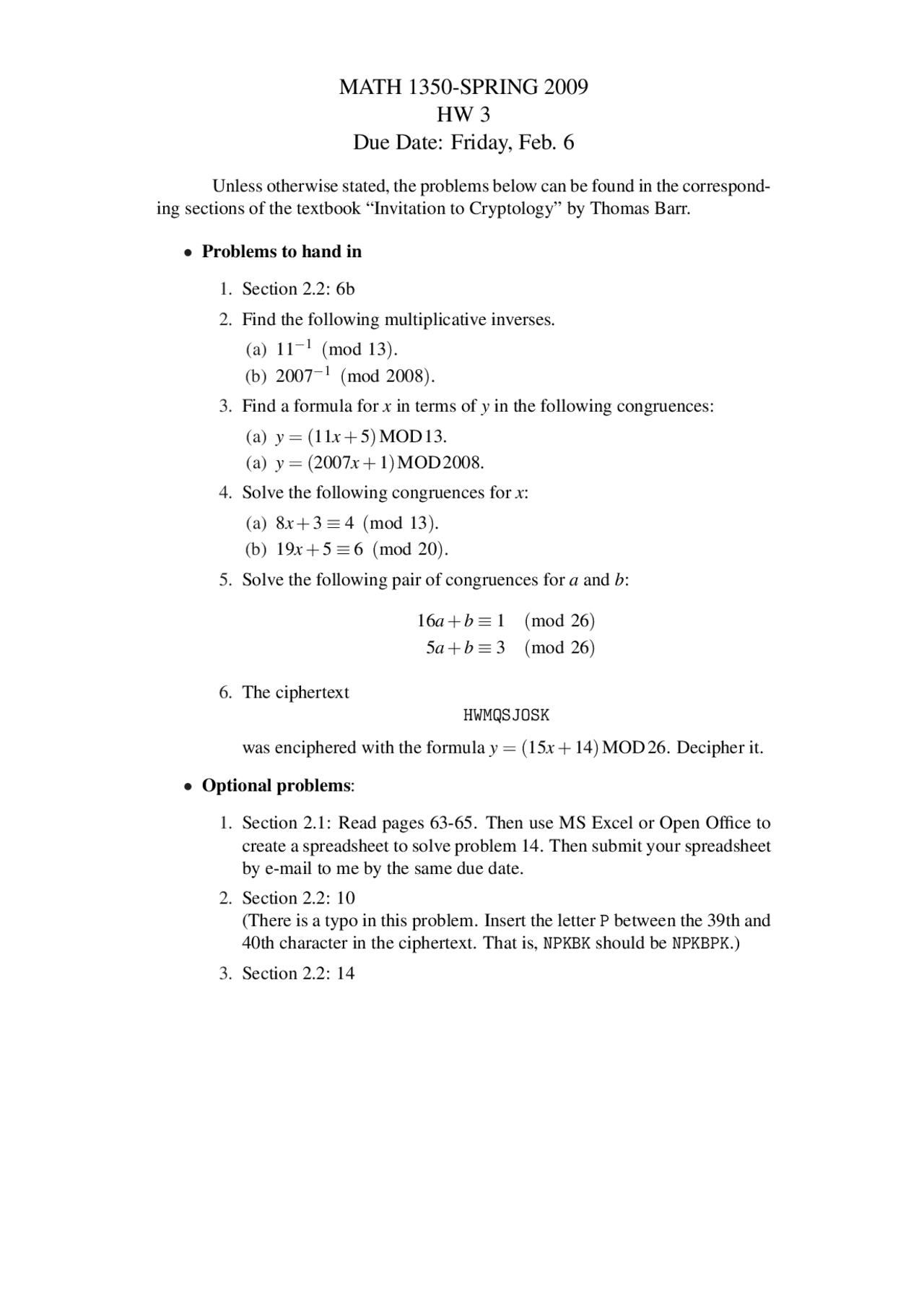 Homework Problems The Art Of Secret Writing Math 1350 Docsity