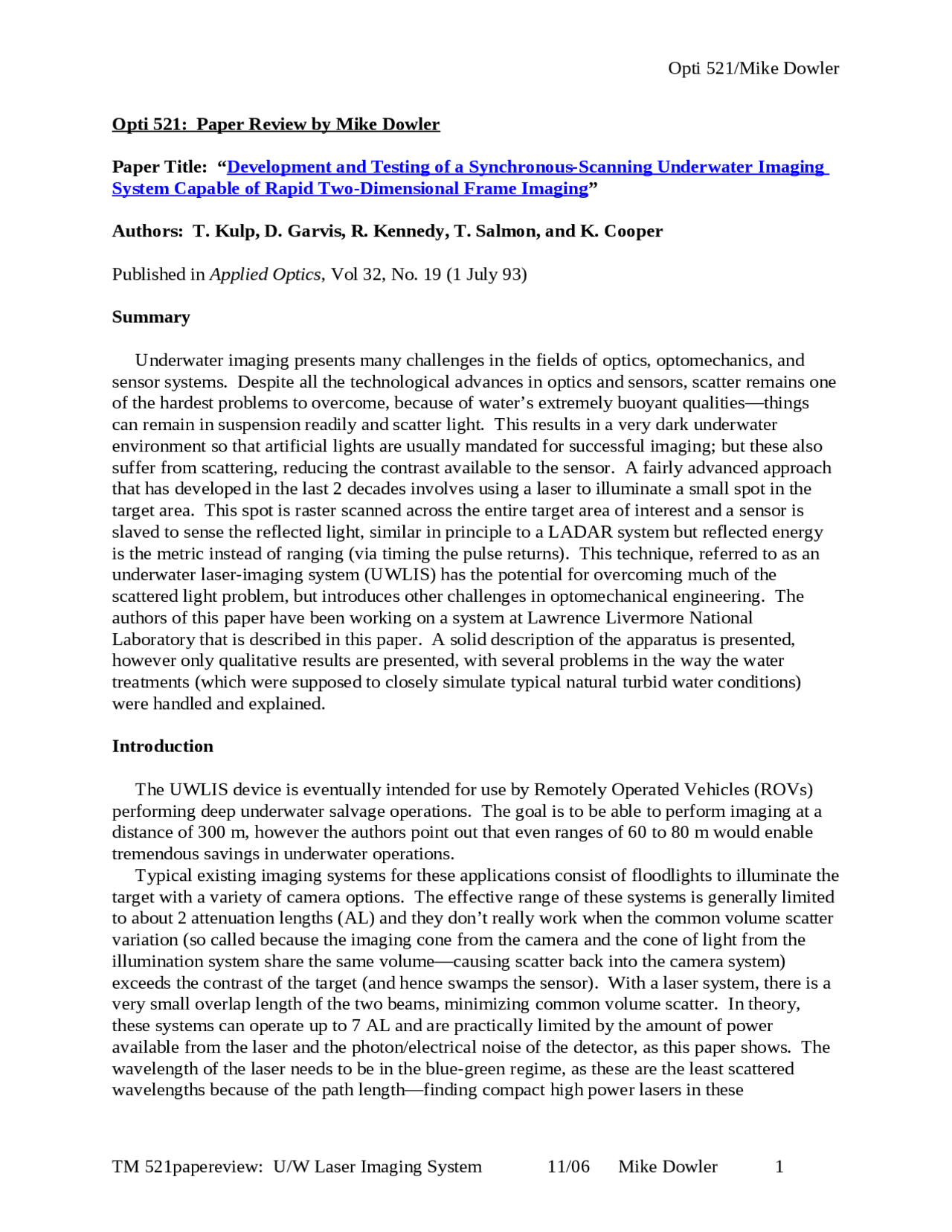 Development And Testing Of Synchronous Scanning Imaging Opti 521