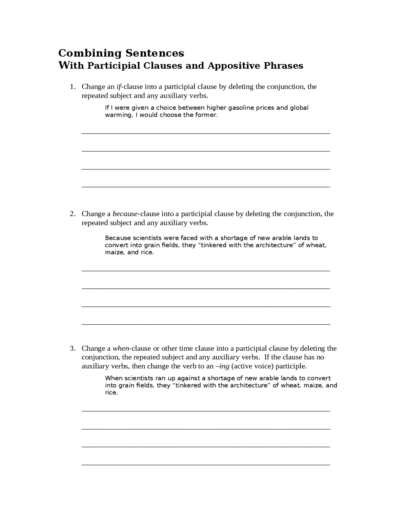 Combining Sentences with Participial Clauses and Appositive Phrases ...