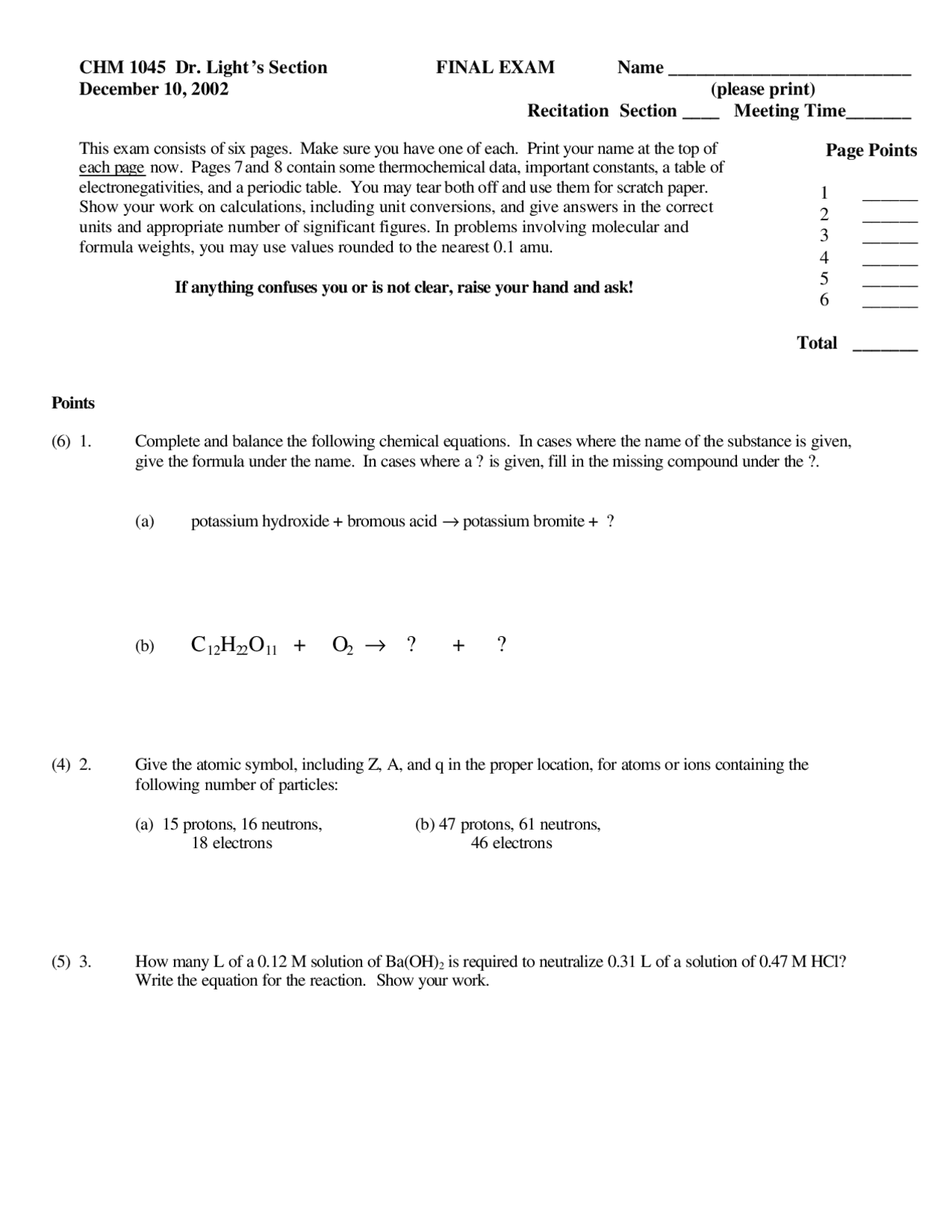 Practice Final Examination - General Chemistry I | CHM 1045 | Exams ...