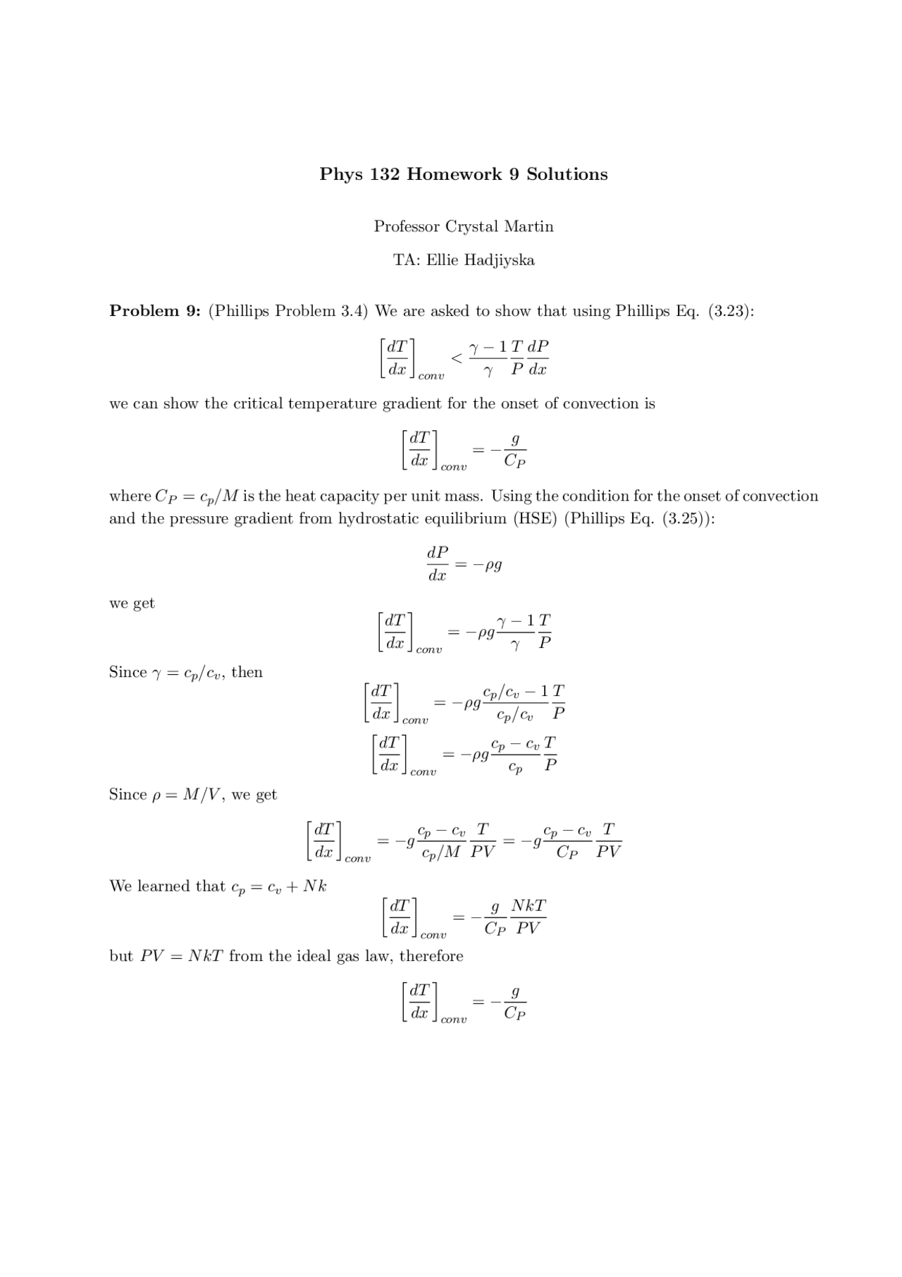Homework 9 Solutions Stellar Structures And Evolutions Phys 132