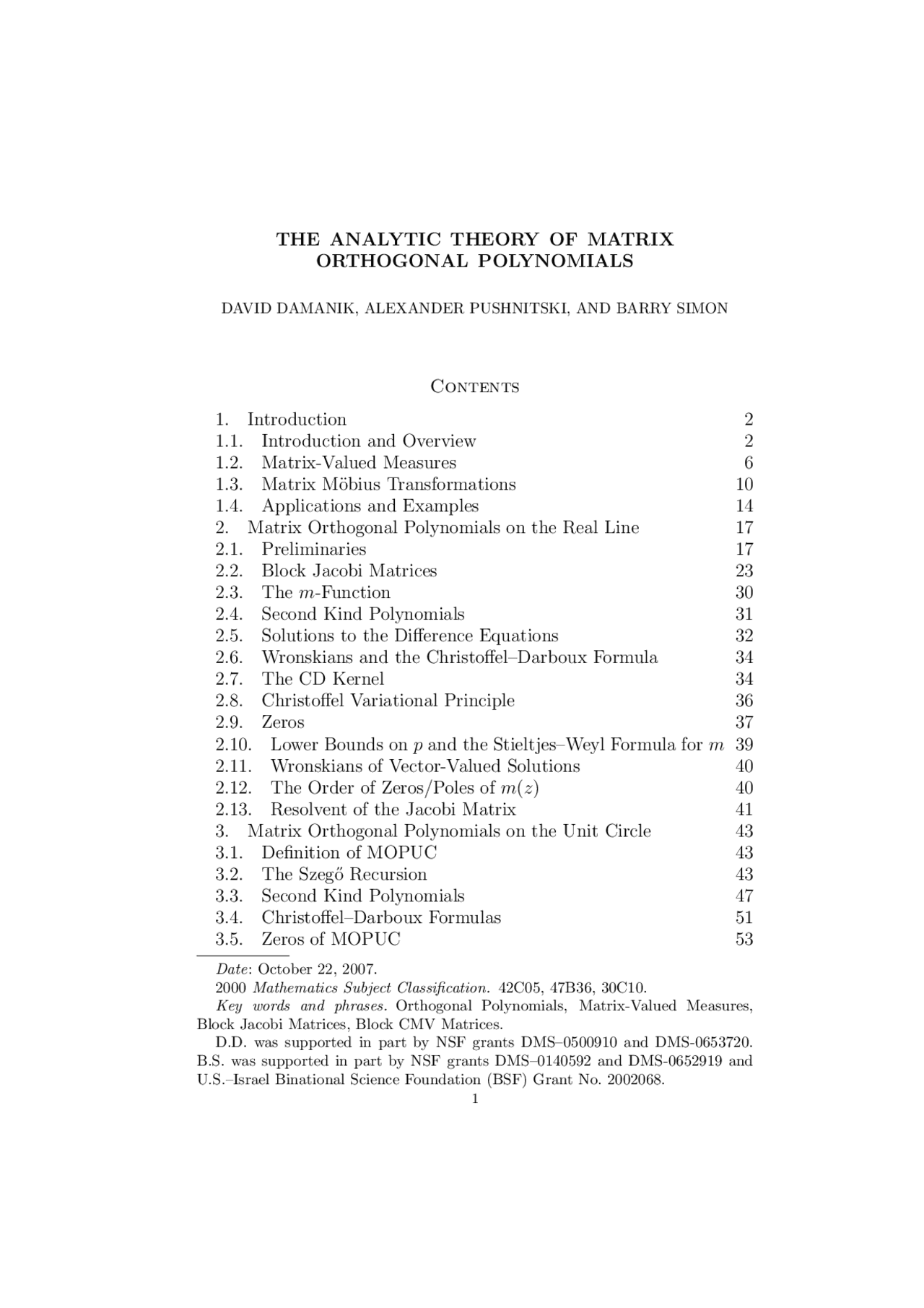 Analytical Theory Of The Matrix Orthogonal Polynomials Paper N 1