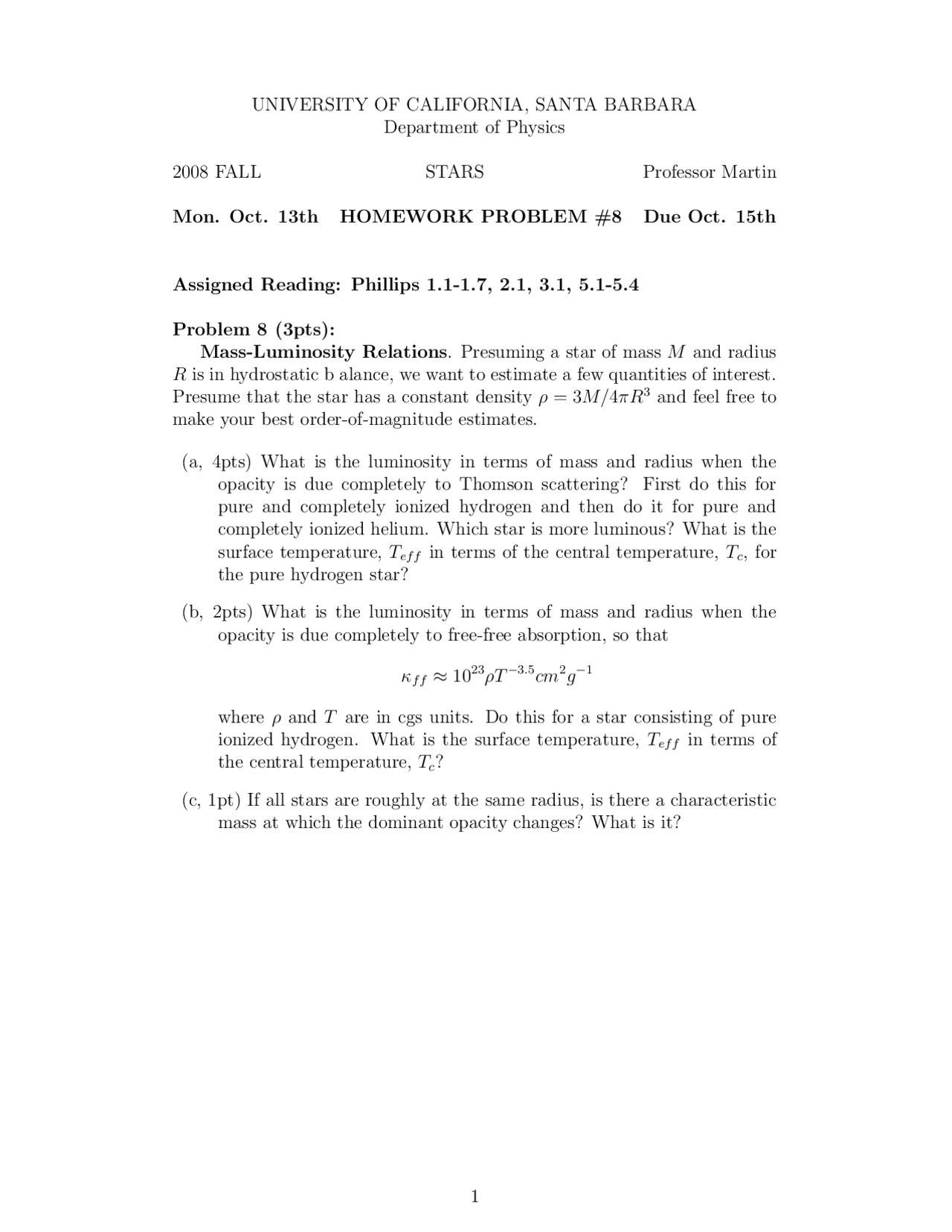 Mass Luminosity Relations – Assignment | PHYS 132 | Assignments Physics | Docsity