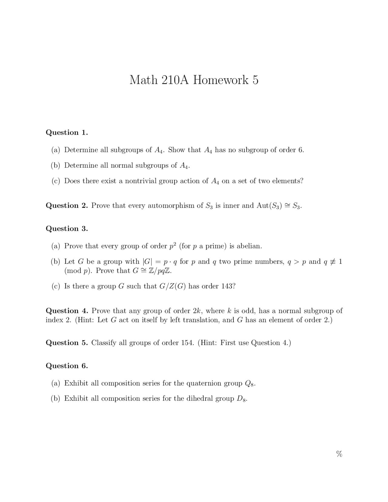Algebra - Unsolved Questions for Homework 5 | MATH 210A | Assignments Algebra | Docsity