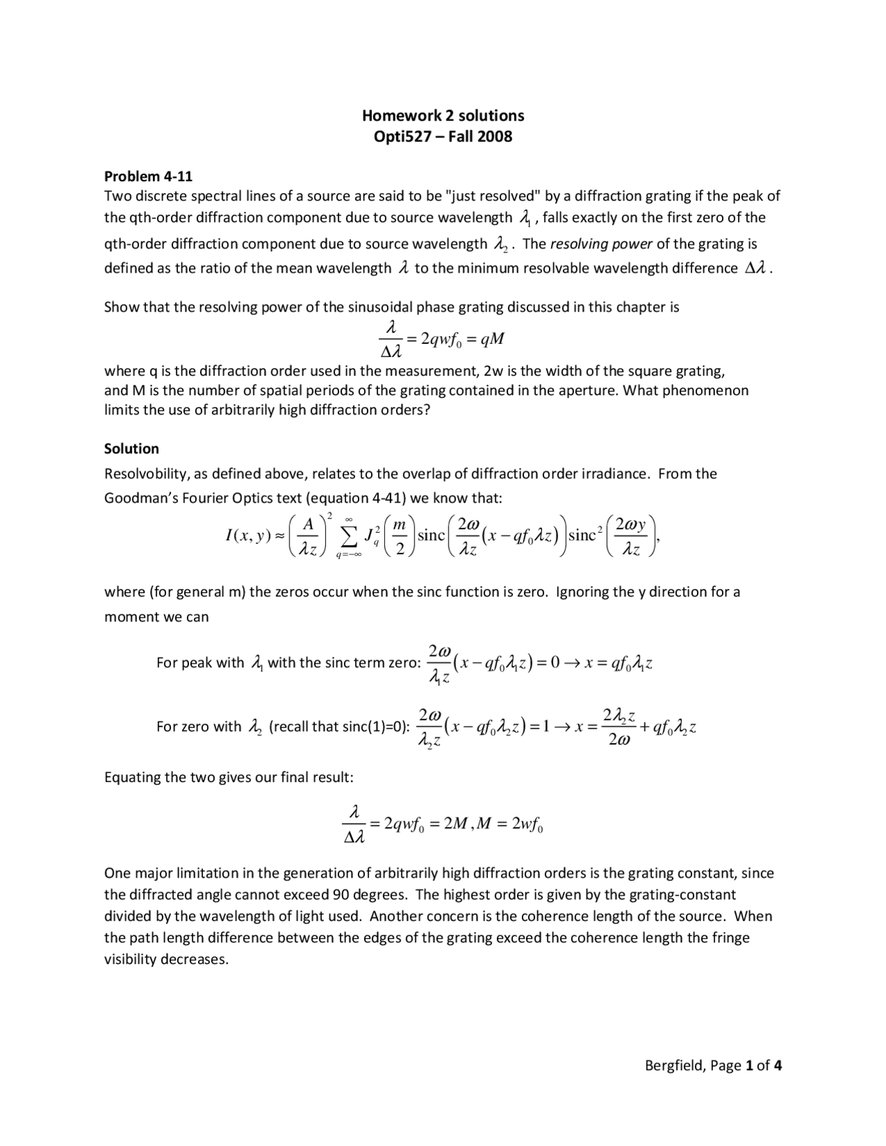 Homework 2 With Solutions For Holography And Diffractive Optics Ece