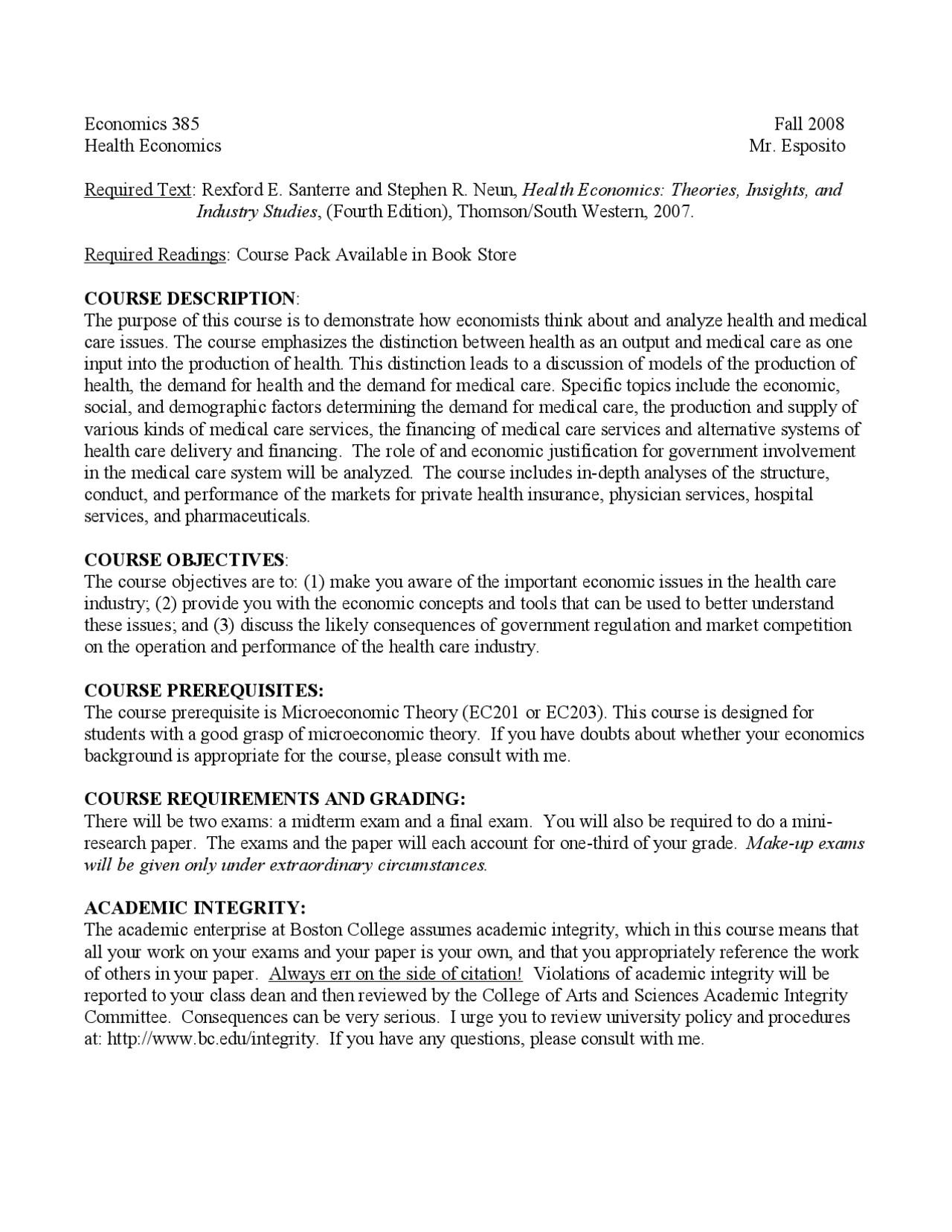 Health Economics - Course Description | EC 385 | Exams Economics | Docsity