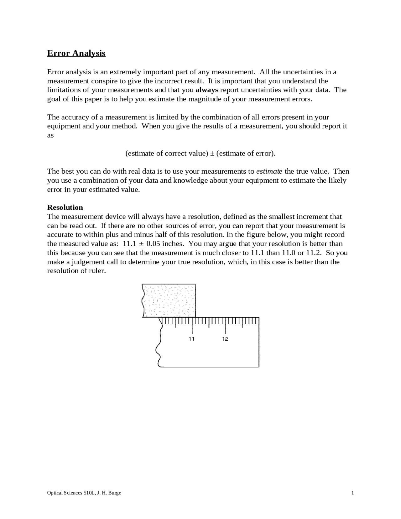 Errors Analysis Fundamentals Of Applied Optics Laboratory Opti 510l