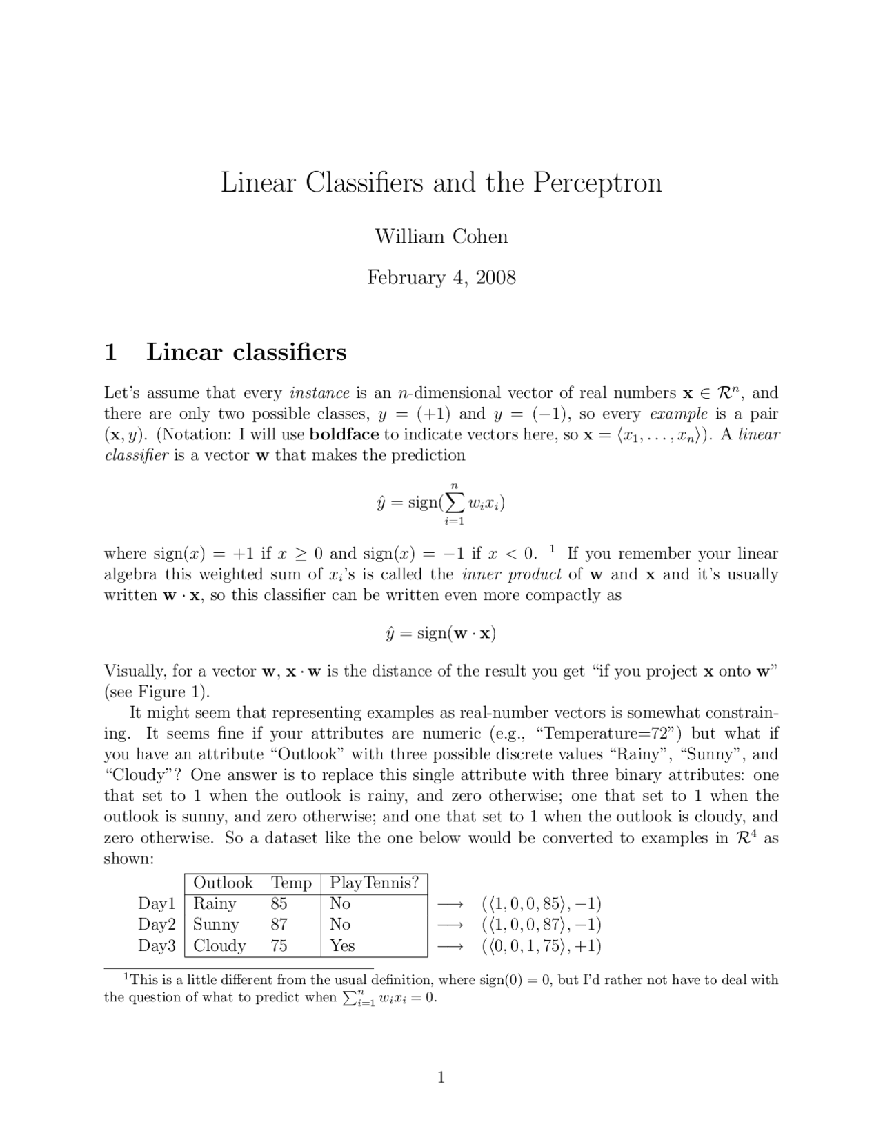 Linear Classifiers and the Perceptron - Machine Learning and Data Mining | CS 434 - Docsity