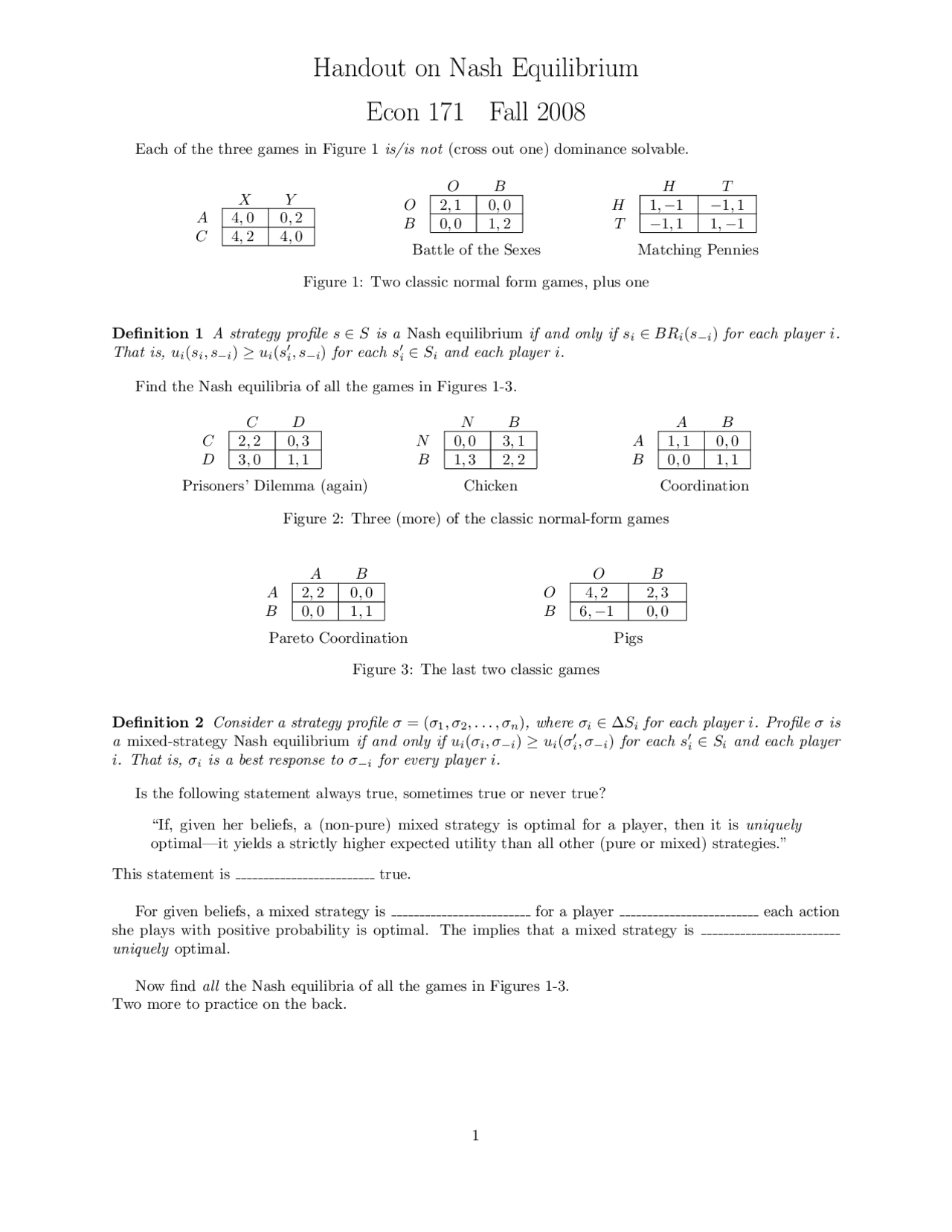 Handout On Nash Equilibrium Introduction To Game Theory Econ 171