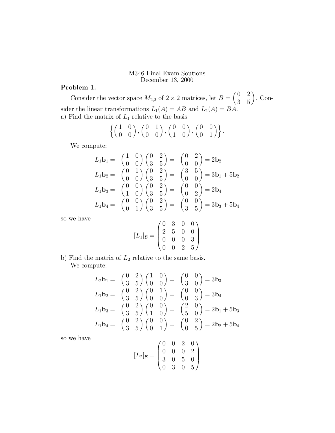 Final Exam Solutions For Applied Linear Algebra M 346 Docsity