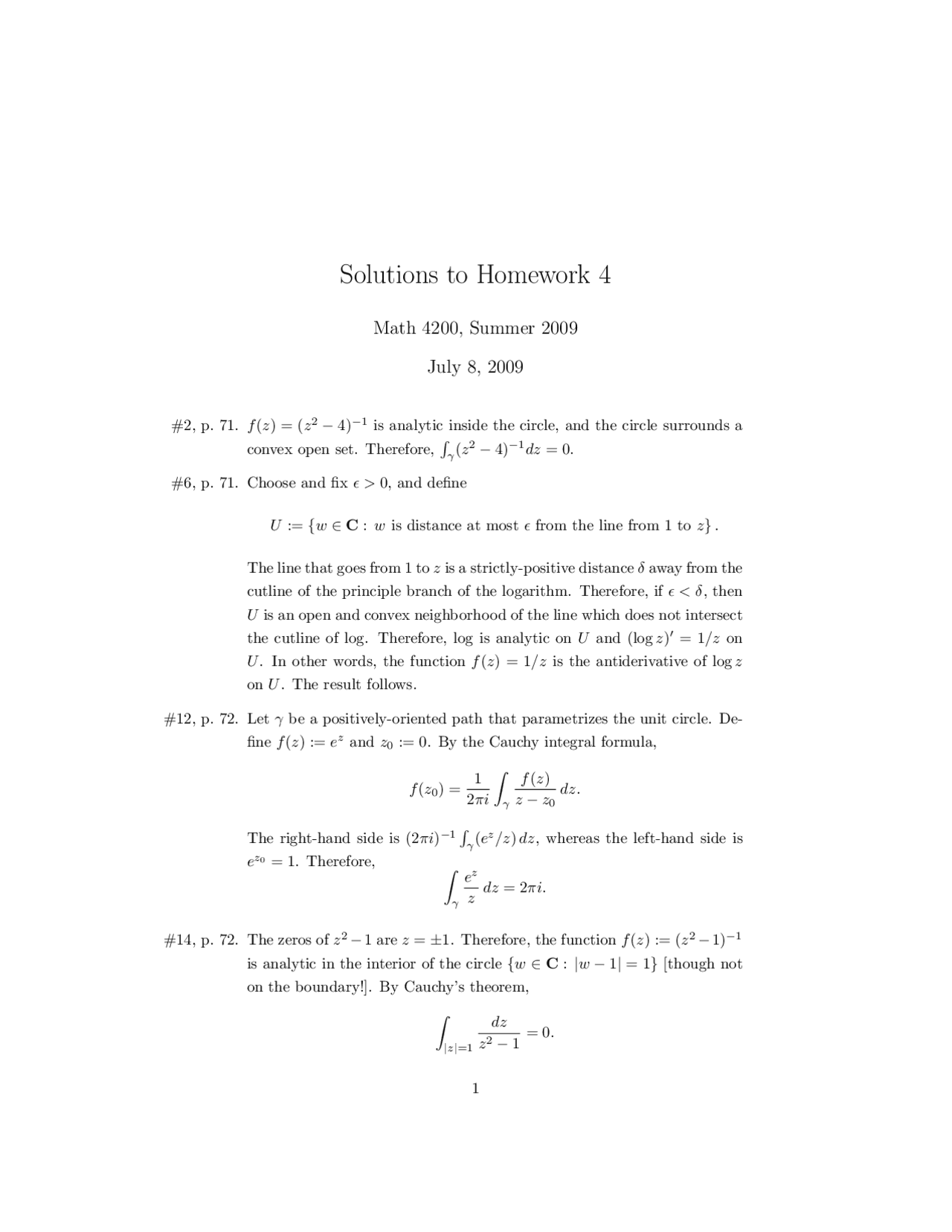 Solutions To Homework 4 Introduction Complex Variables Math 4200 Assignments Mathematics