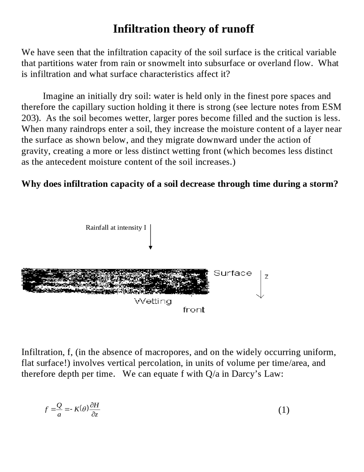 Lecture Notes on Infiltration Theory of Runoff | ESM 203 - Docsity