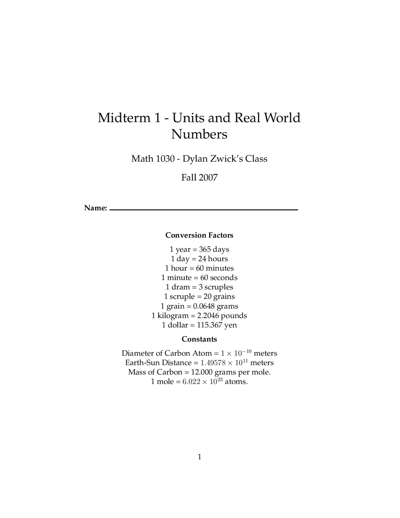 Questions on Units and Real World Numbers - Midterm Exam 1 | MATH 1030 ...