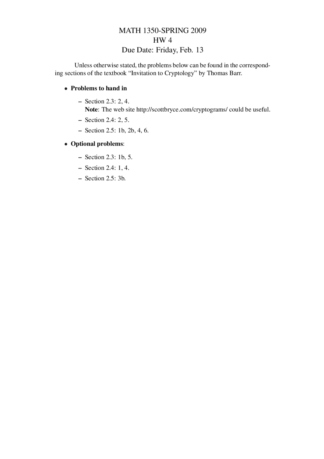 MATH 1350 Spring 2009 Homework 4: Cryptology Problems | Assignments Mathematics | Docsity