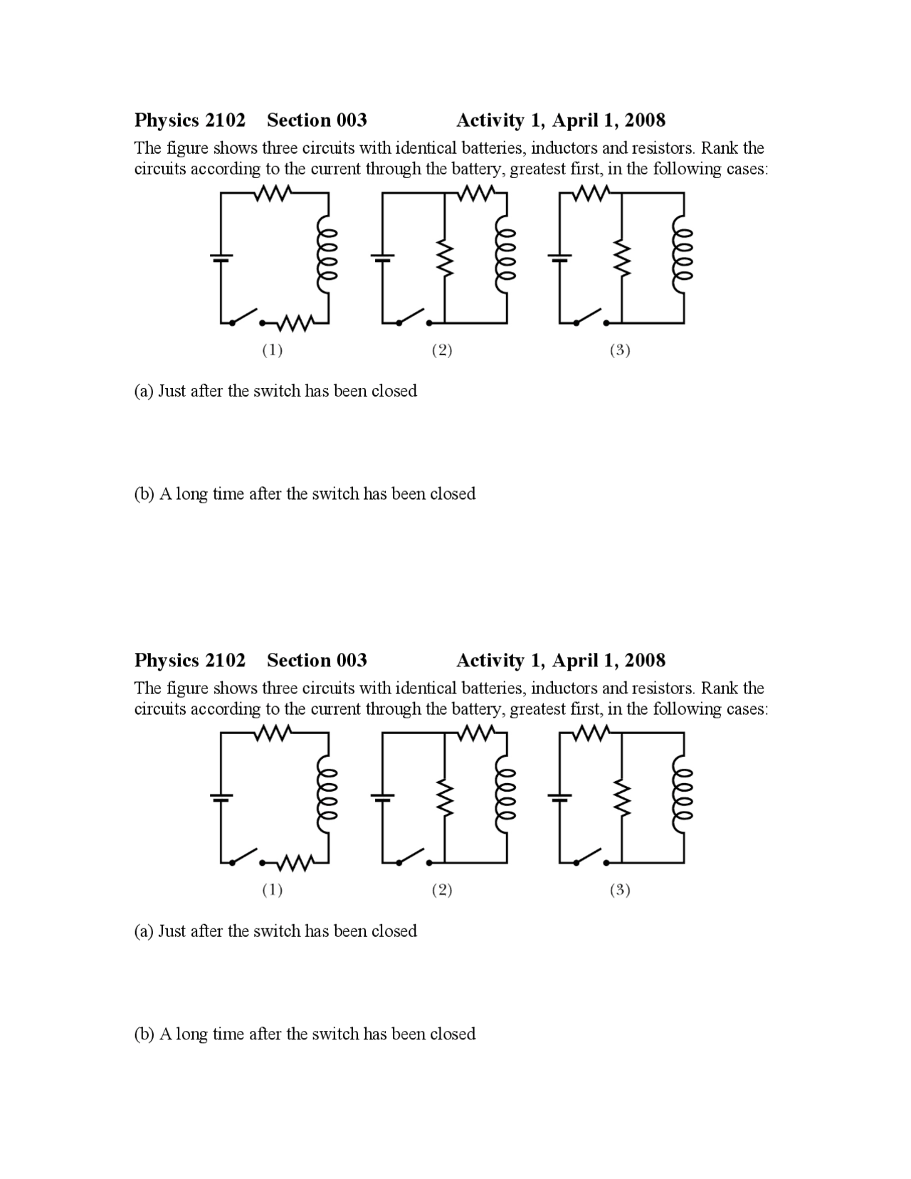 Ranking of Circuits based on Current and Inductance | Quizzes Physics ...