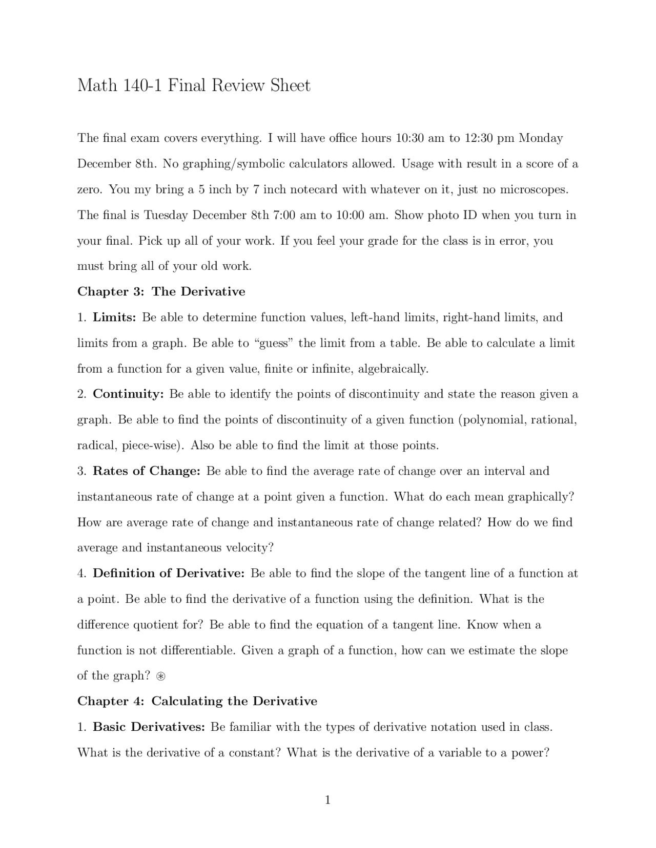 Review Sheet Final Exam Calculus For Life Scientists Math 140 Docsity