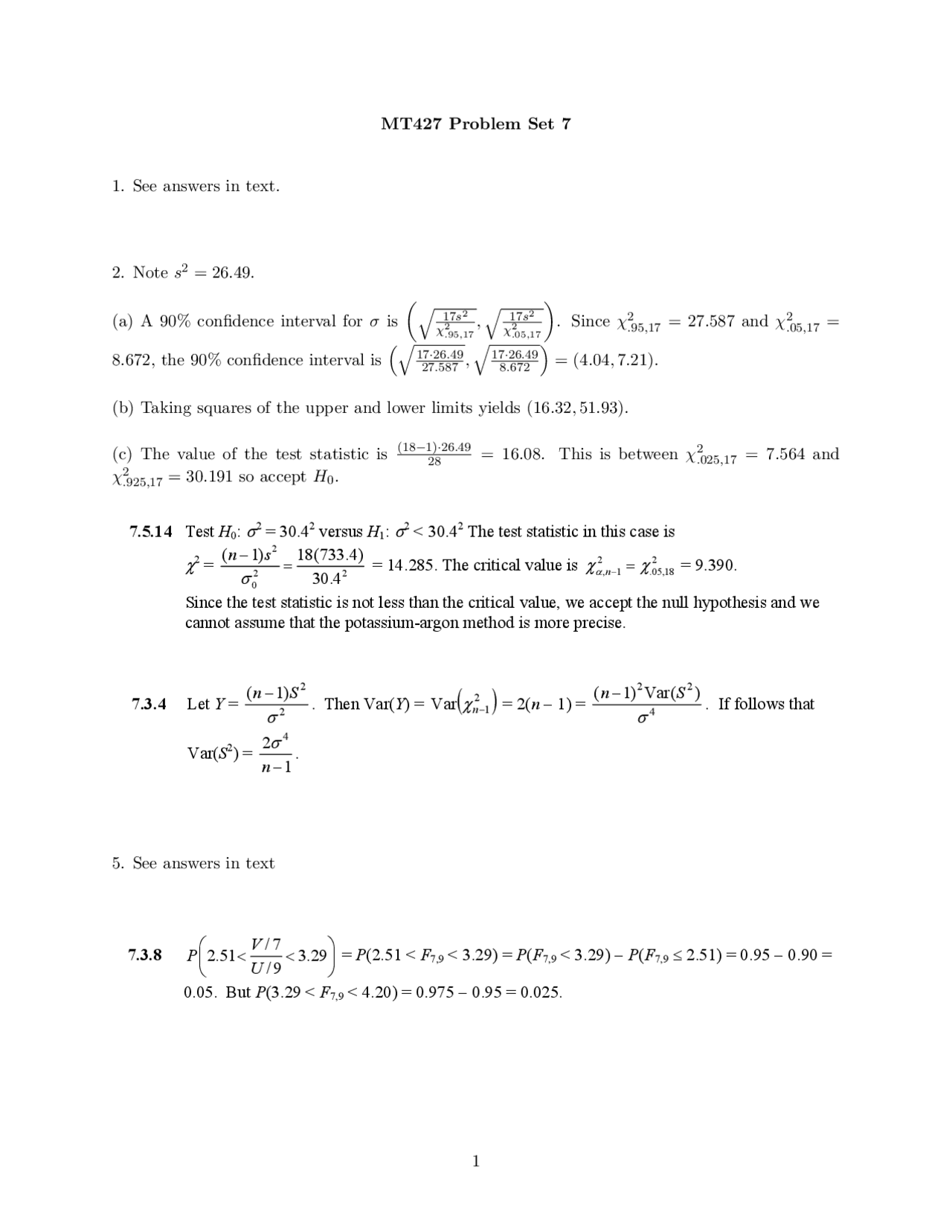 Mathematical Statistics Problem Set Seven Solutions Mt 427 Docsity