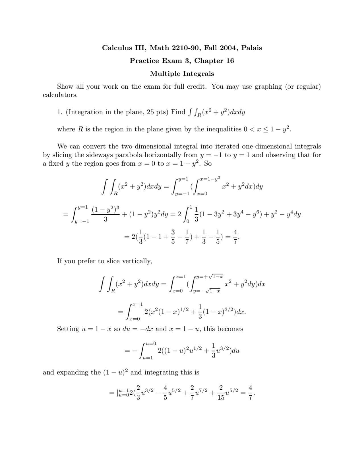 Solved Problems On Multiple Integrals In Calculus Iii Exam 3 Math