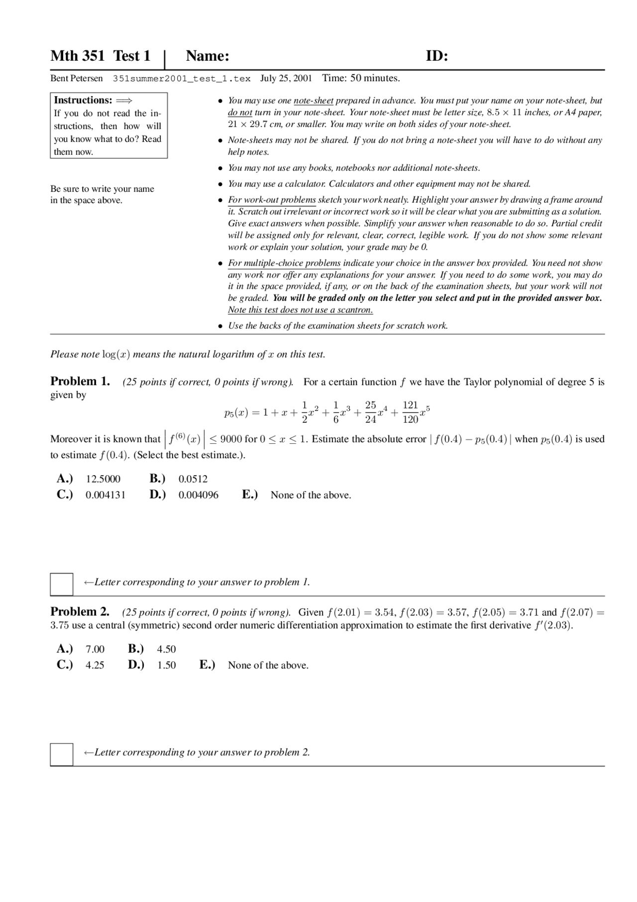 10 Problems Exam 1 Numerical Analysis Mth 351 Docsity