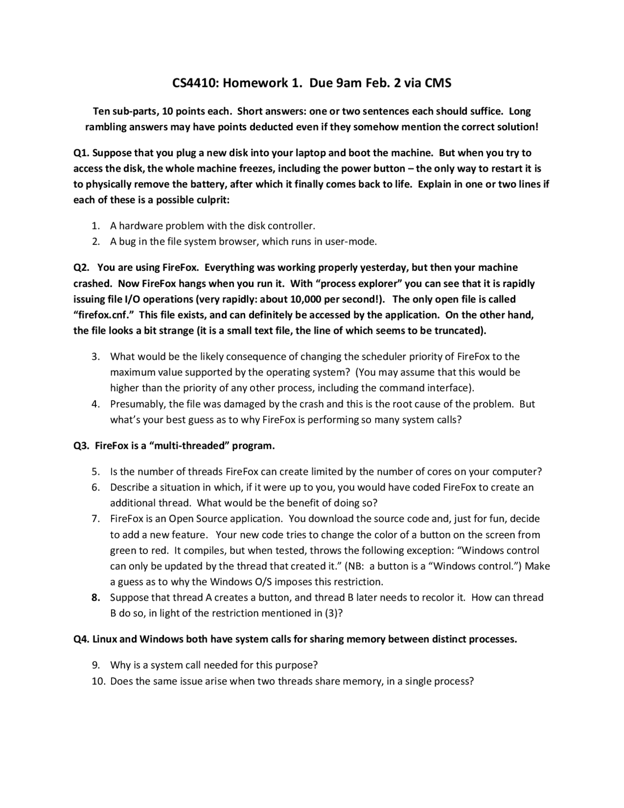 Homework 1 Questions Operating Systems Cs 4410 Docsity