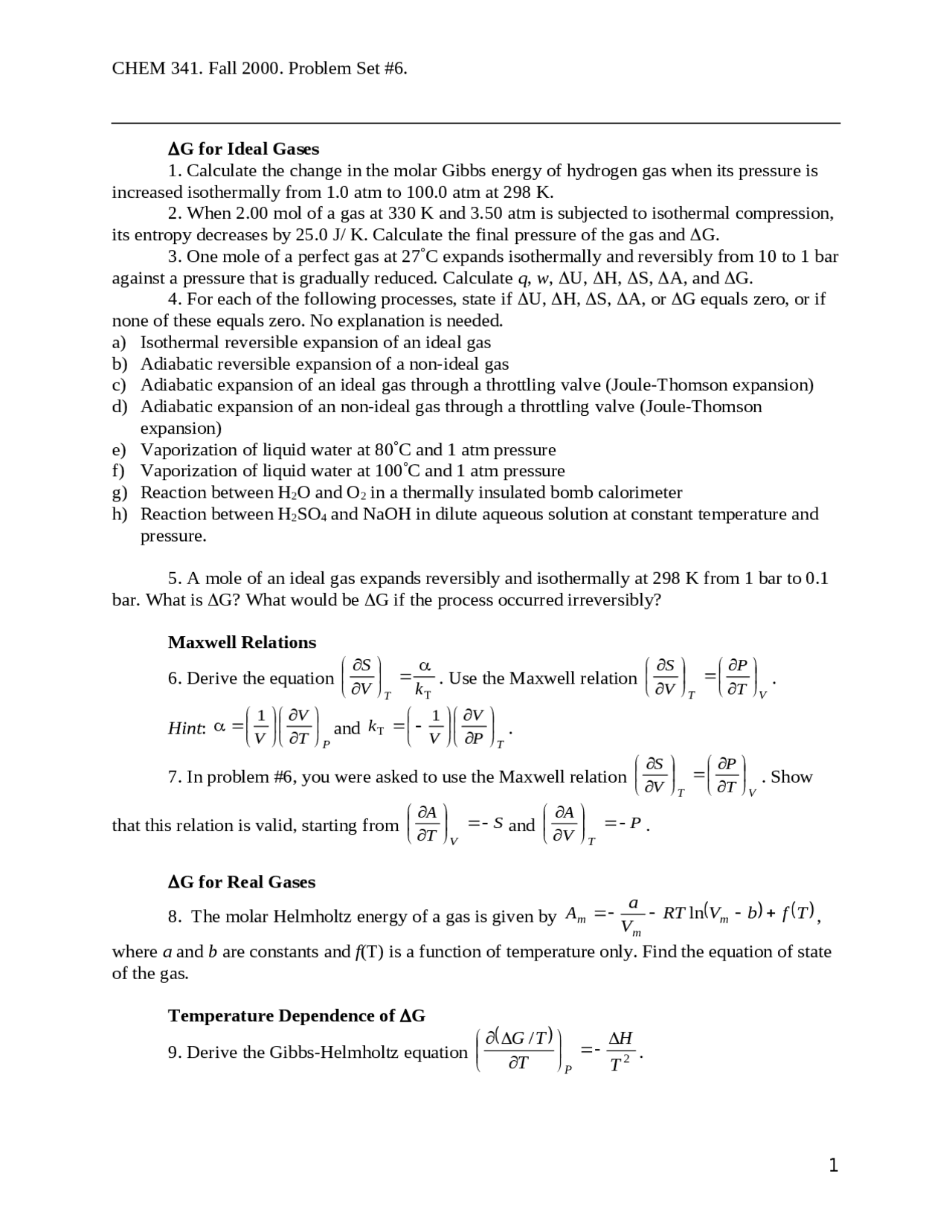 Problem Set Six Physical Chemistry I Fall 2000 Chem 3410 Docsity