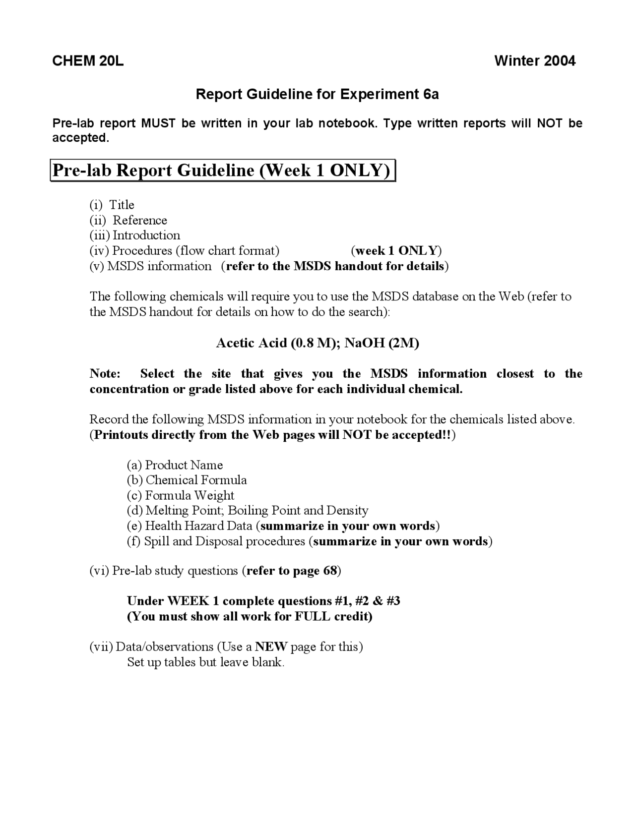 Report Guidelines For Experiment 6a General Chemistry Laboratory