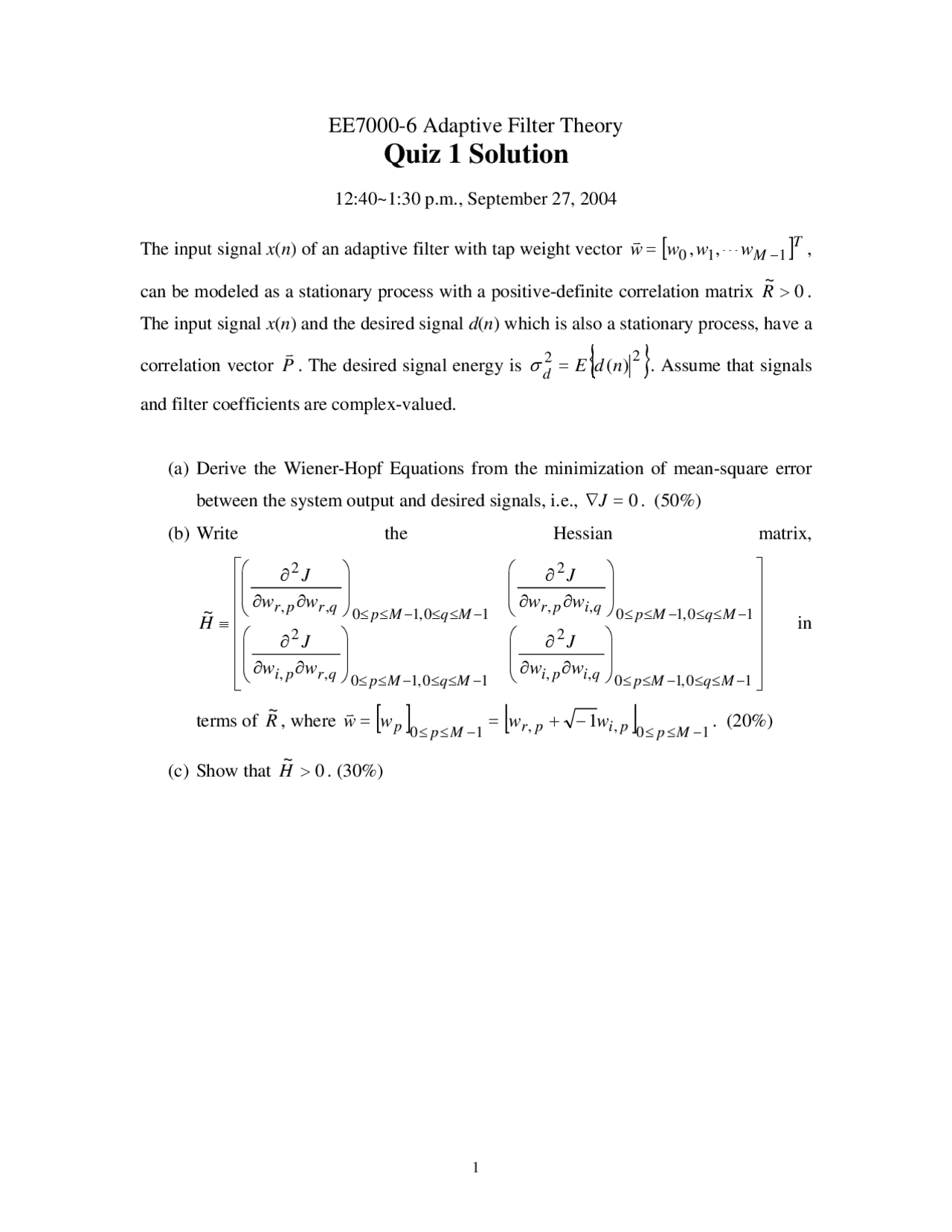 Quiz 1 Solution For Adaptive Filter Theory Ee 7000 Docsity