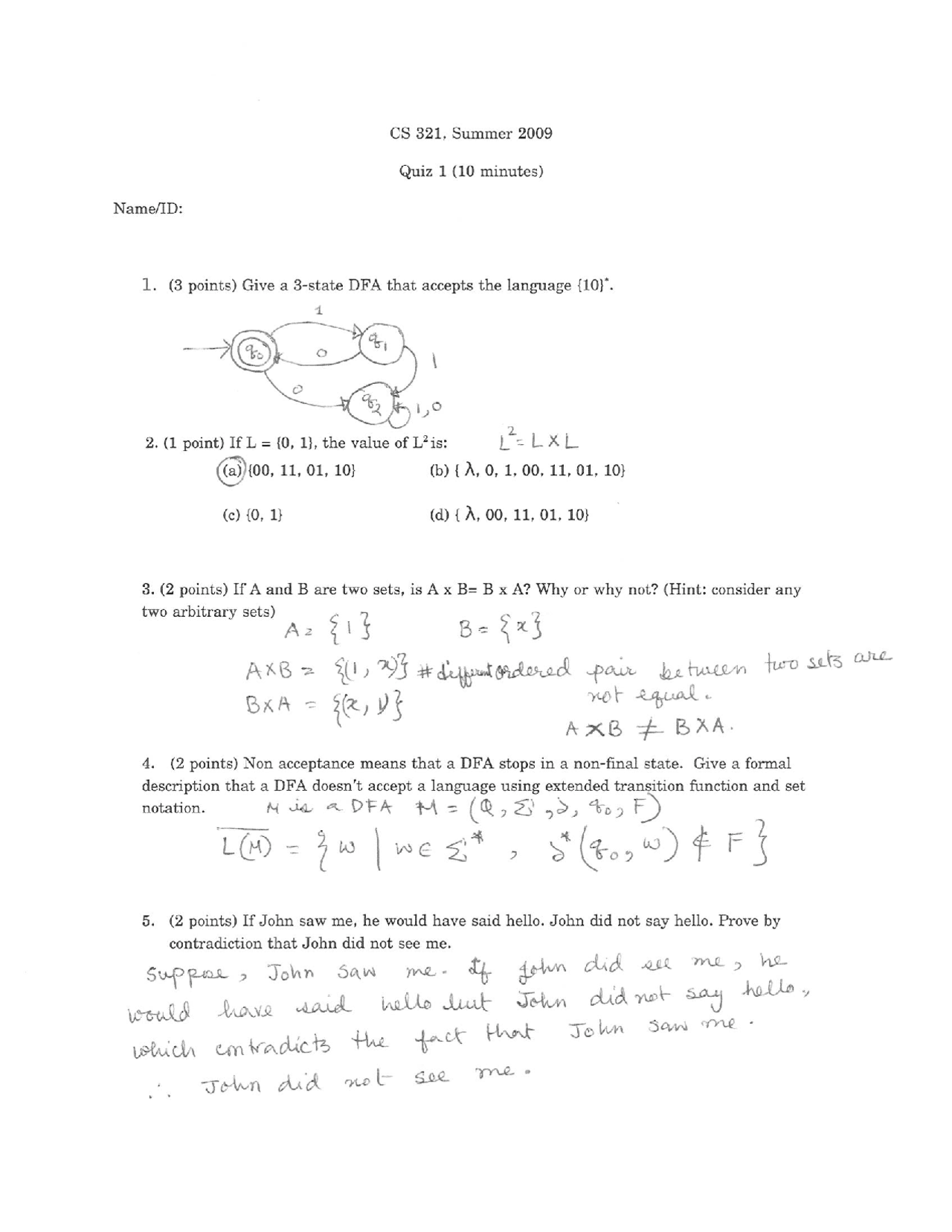 Quiz 1 With Solution Key Introduction To Theory Computation Cs 321