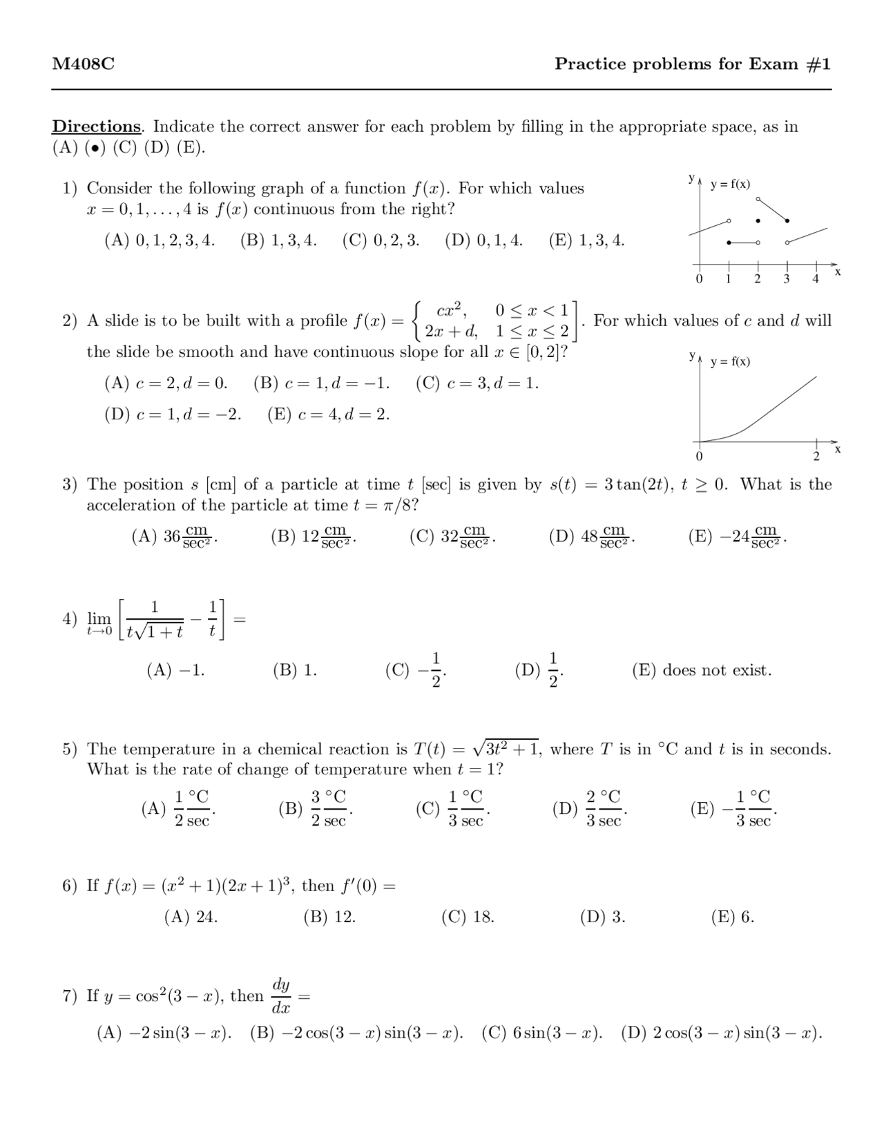 Calculus Practice Problems for Exam #1: Continuity, Derivatives, Limits ...