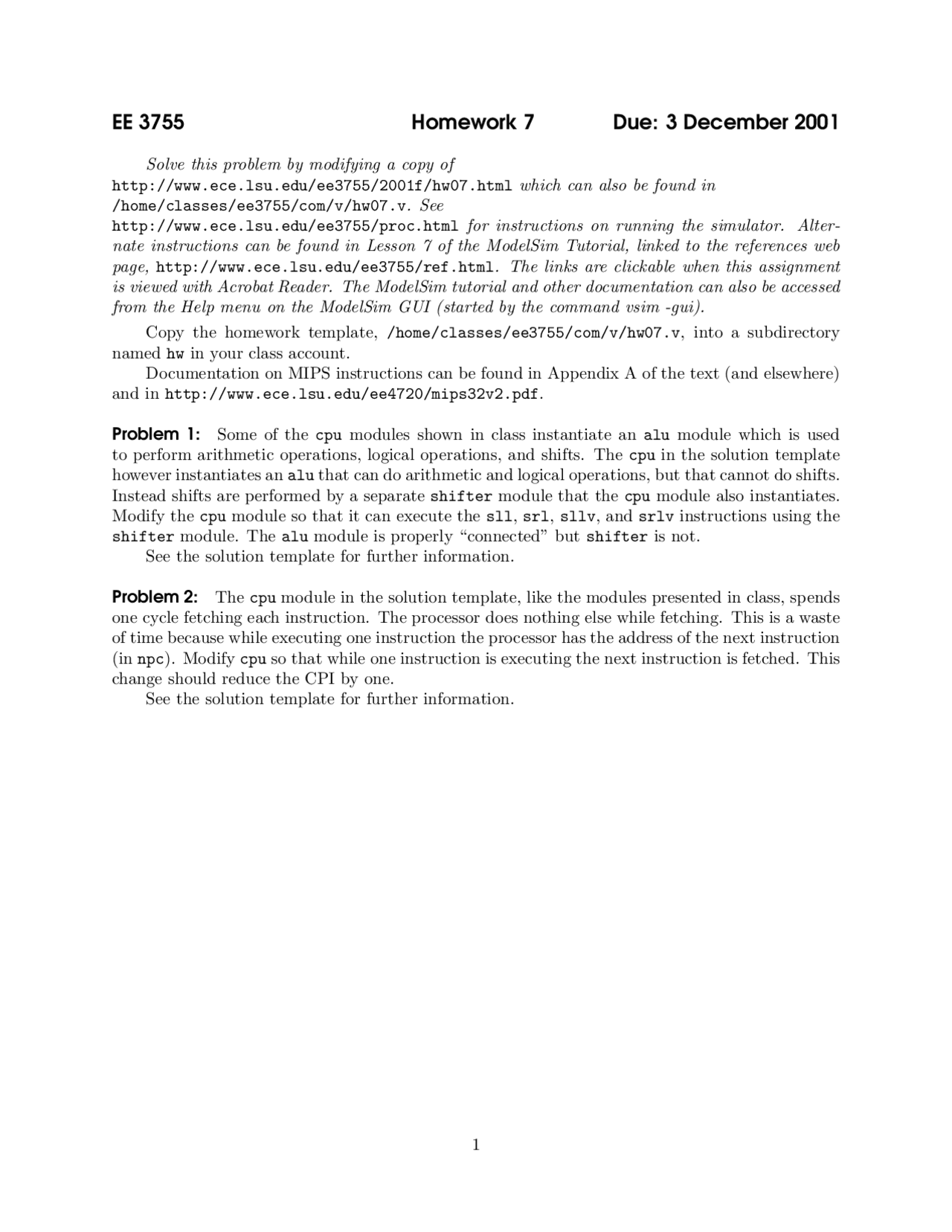 Assignment 7 For Computer Organization Ee 3755 Docsity