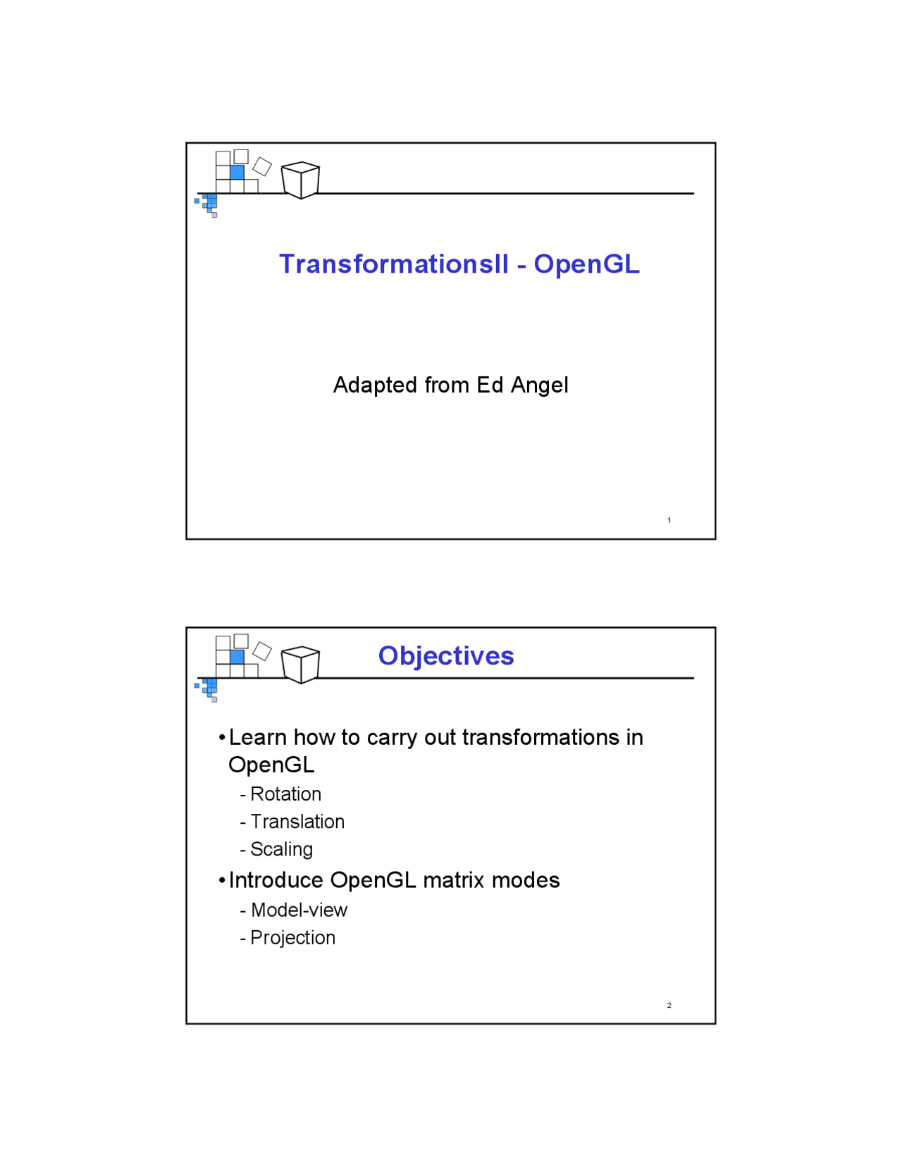 Transformation Ii Opengl Lecture Slides Cs 450 Docsity