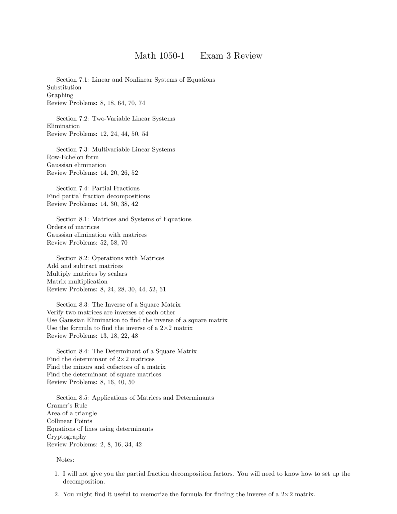 Exam 3 Review For Linear And Nonlinear System Of Equations Math 1050