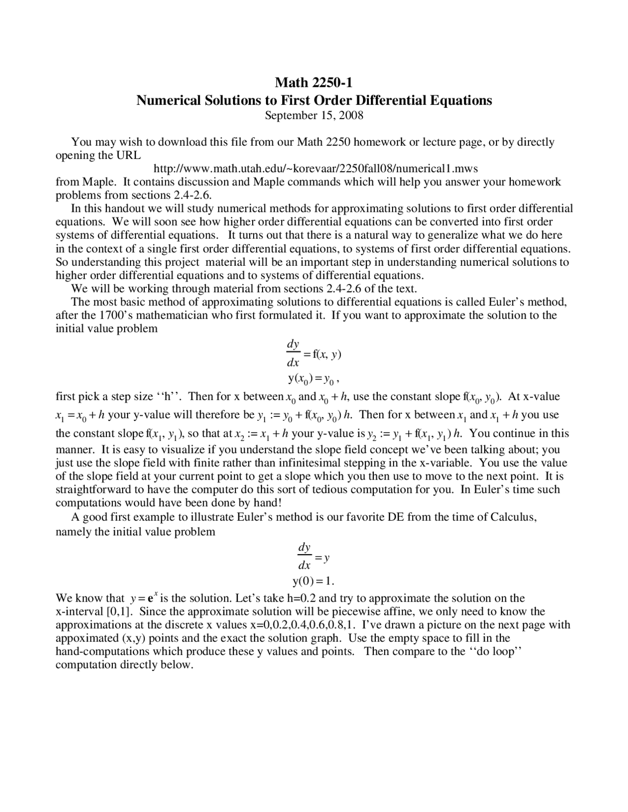Numerical Solutions to First Order Differential Equations | MATH 2250 - Docsity